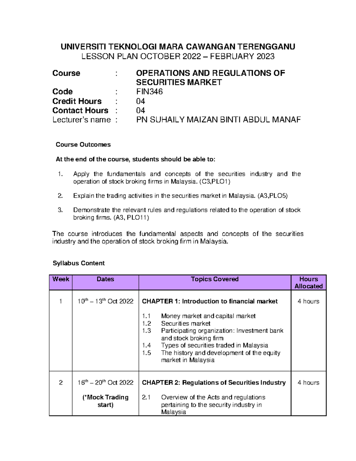 FIN346 Weekly Lesson Plan For Students - UNIVERSITI TEKNOLOGI MARA ...