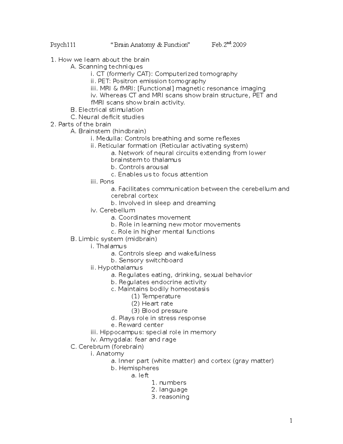 brain anatomy - Lecture notes 5 - Psych111 “Brain Anatomy & Function ...