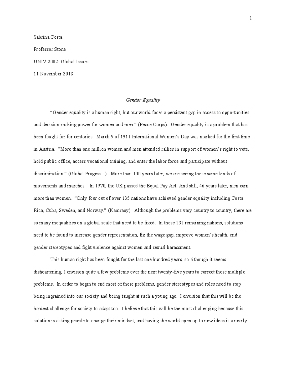 Gender Equality-3 - NOTES - Sabrina Costa Professor Stone UNIV 2002 ...