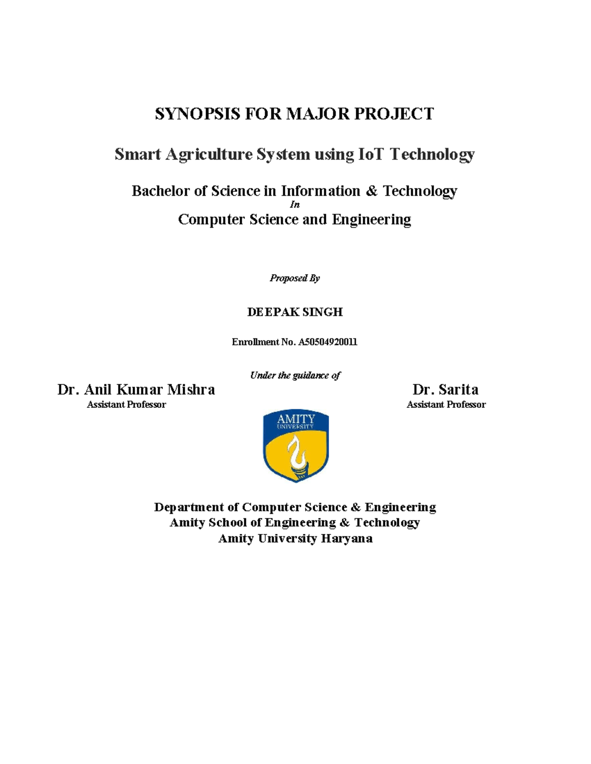 Major Project - Synopsis - SYNOPSIS FOR MAJOR PROJECT Smart Agriculture ...