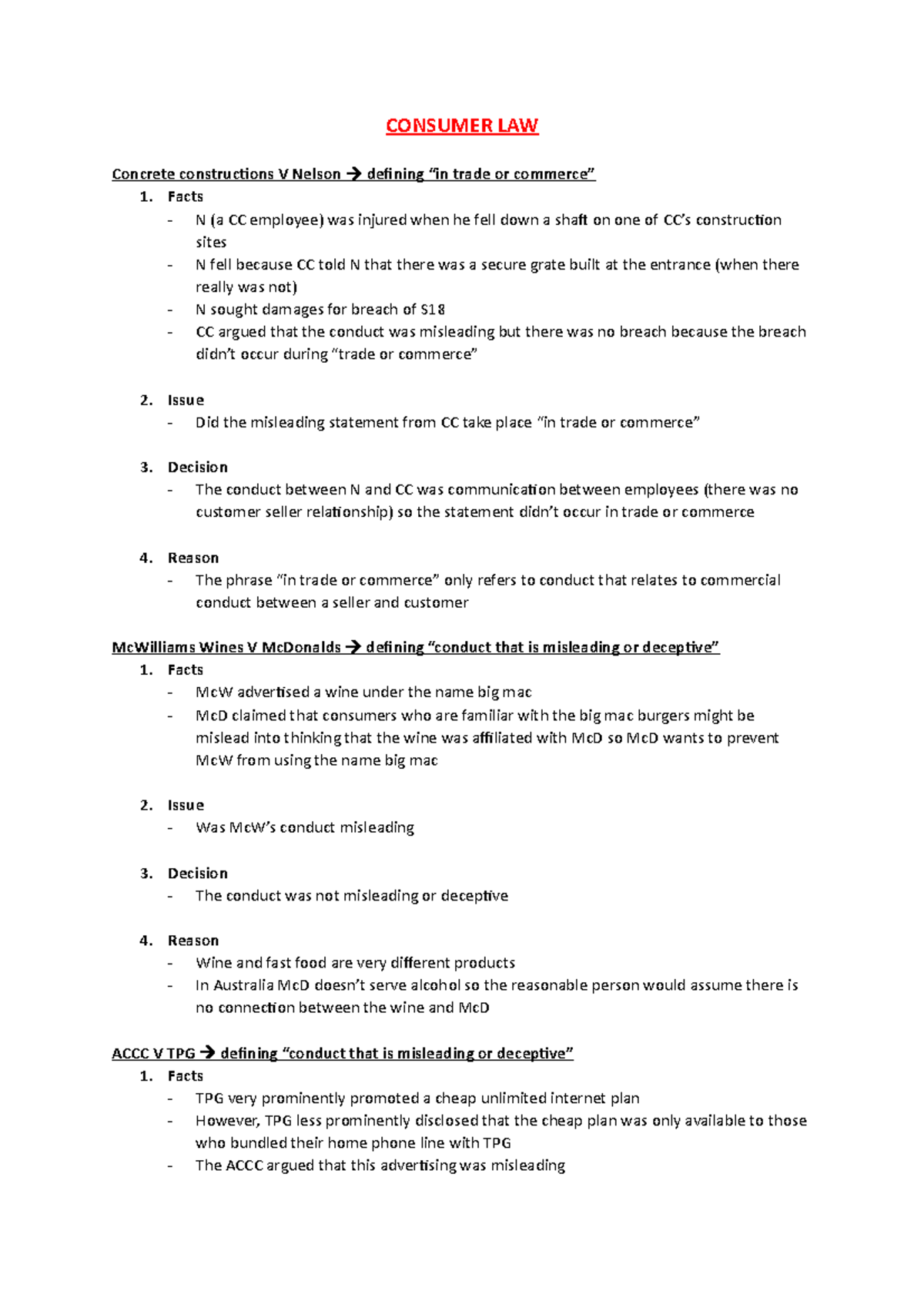 Week 9-11 case studies - CONSUMER LAW Concrete constructions V Nelson ...