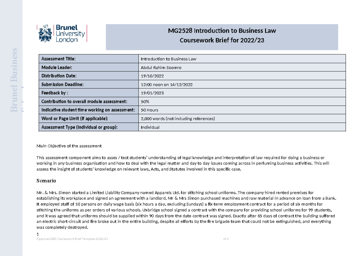 4bf0b53a52b7d270c54a8b26cb1bc994 - Brunel Business School Assessment Title: Introduction to ...