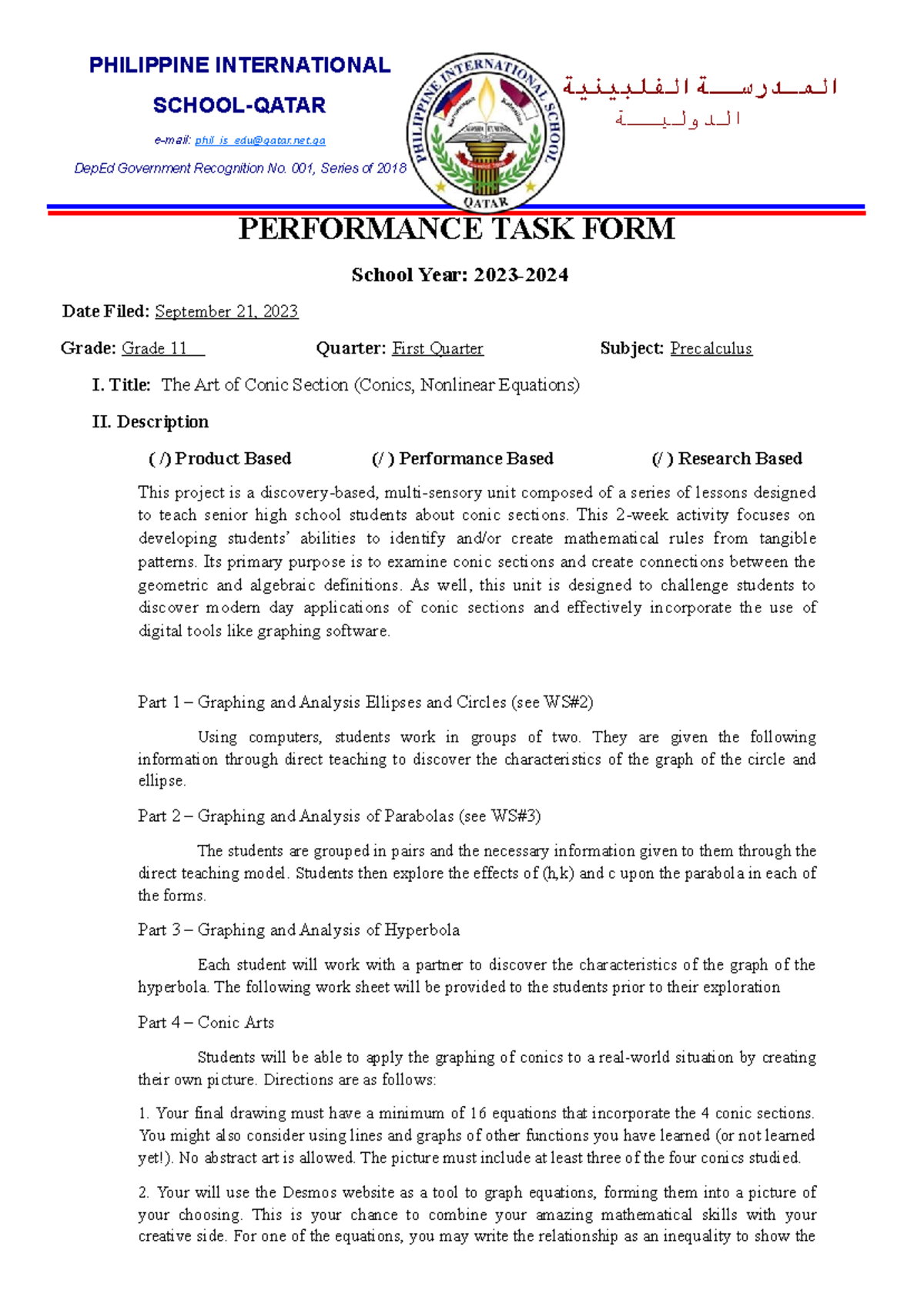 Performance TASK FORM Precalculus - PHILIPPINE INTERNATIONAL SCHOOL ...