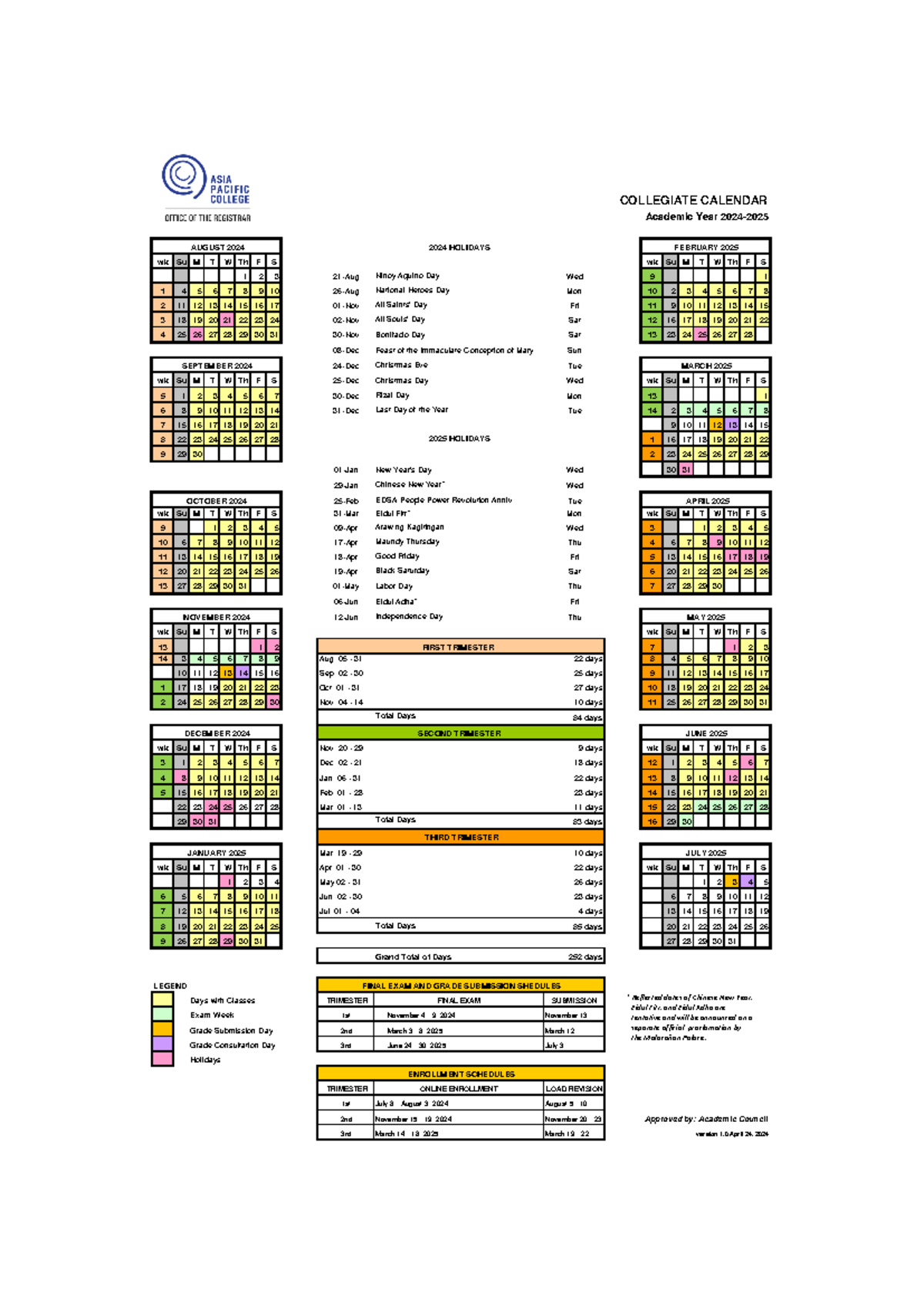 APC Collegiate Calendar 2024 25 v1 - 2024 HOLIDAYS wk Su M T W Th F S ...