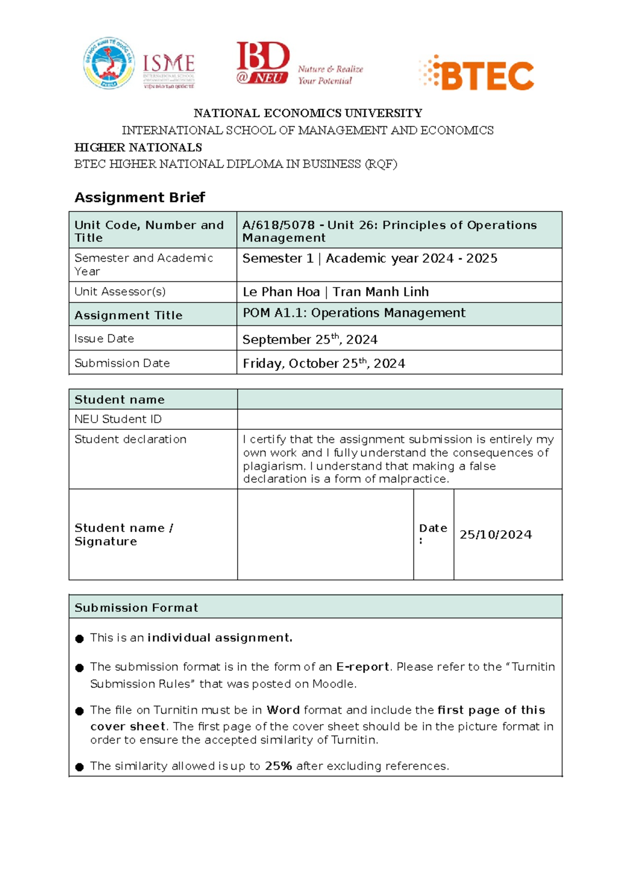 Assignments brief of POM Sem1 - NATIONAL ECONOMICS UNIVERSITY INTERNATIONAL SCHOOL OF MANAGEMENT ...