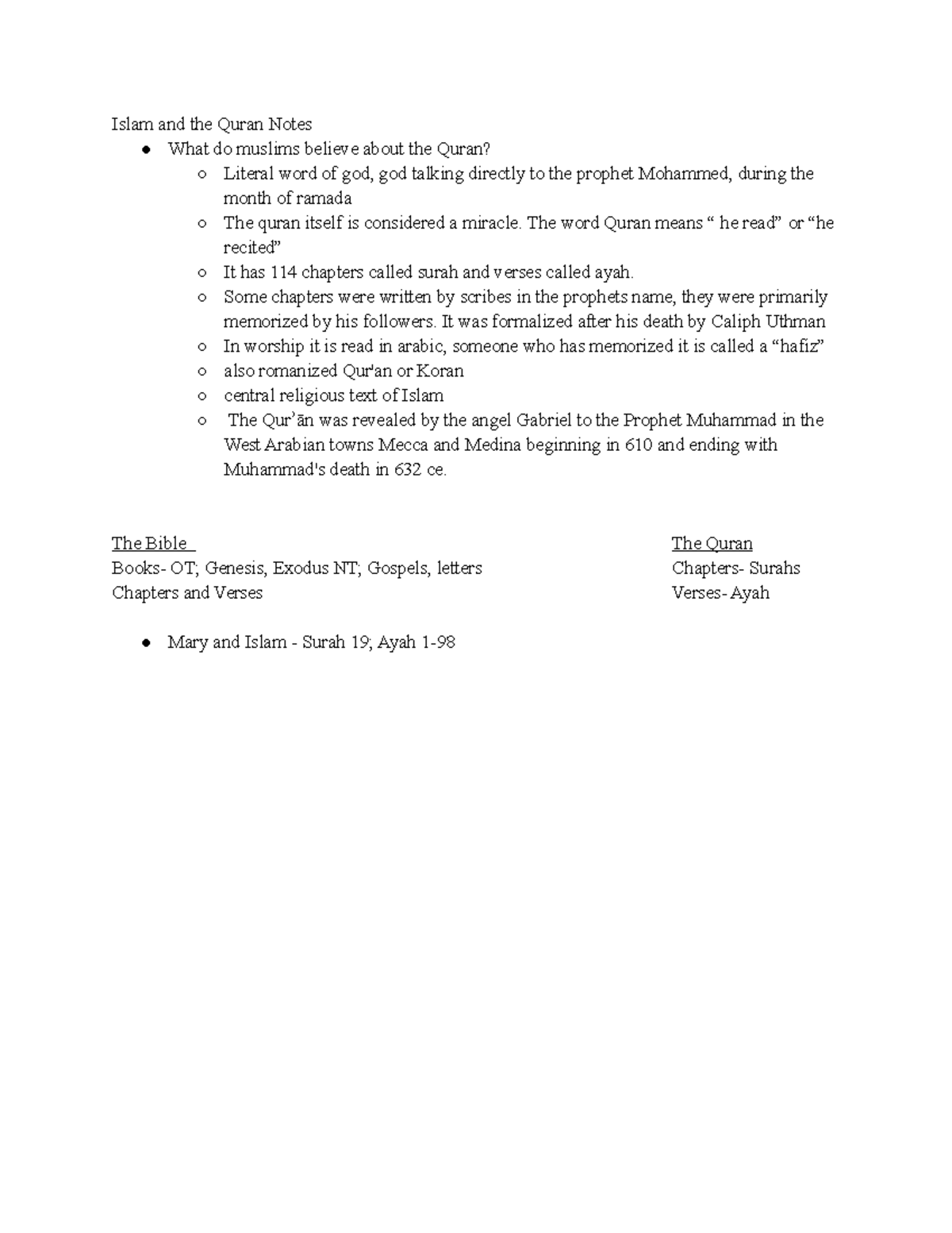 REL Quran Notes - Islam and the Quran Notes What do muslims believe ...