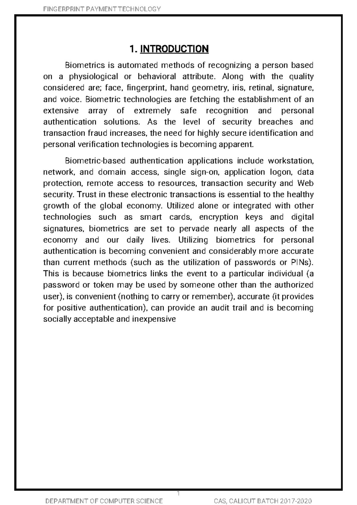 Fingerprint Payment System 1 1 Introduction Biometrics Is Automated