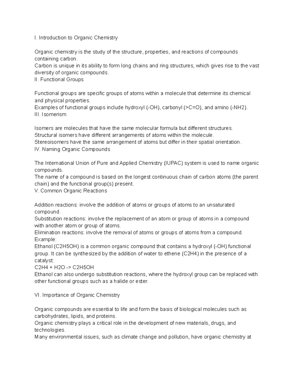 Organic chemistry 1 - I. Introduction to Organic Chemistry Organic ...