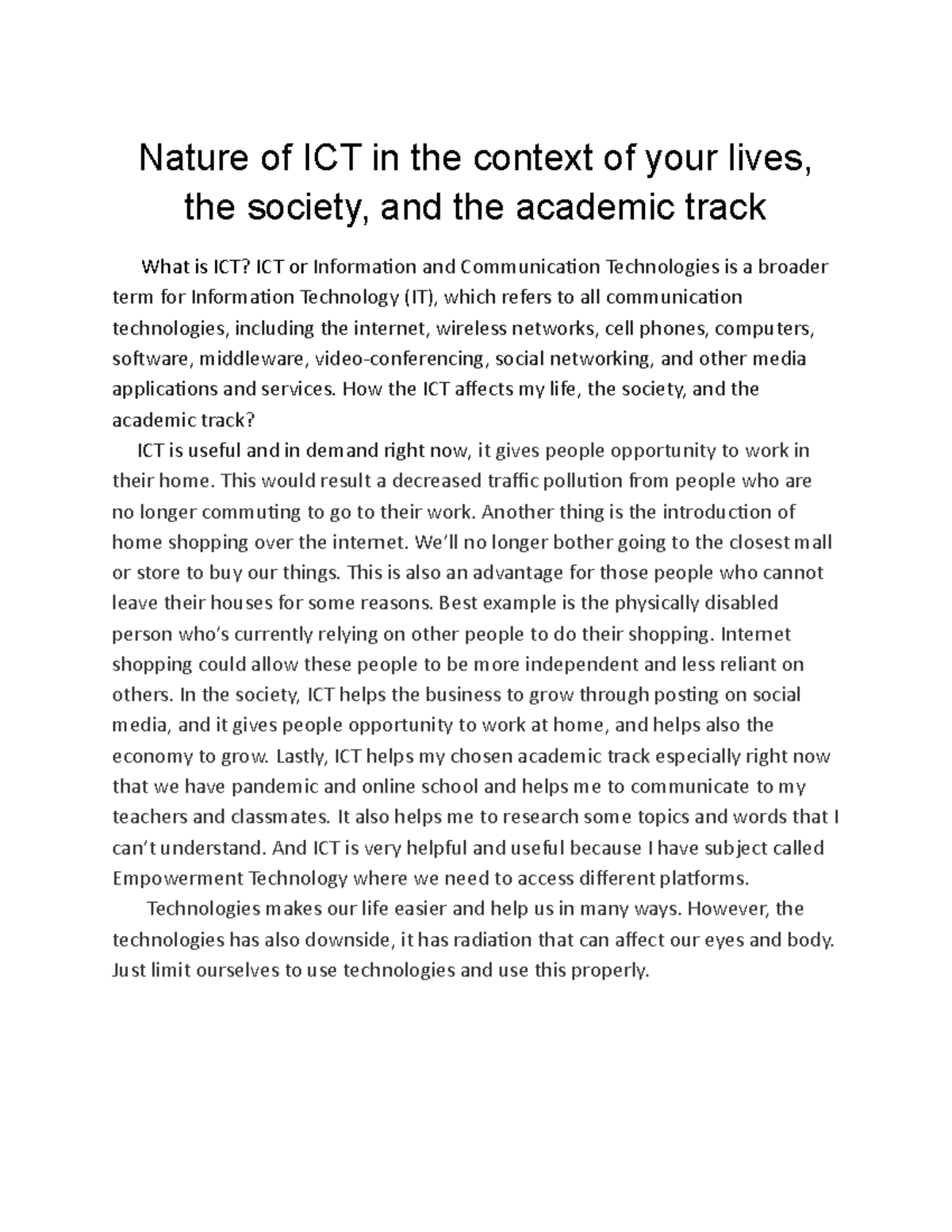 Emptech - Grade: 11 - Nature of ICT in the context of your lives, the society, and the academic ...