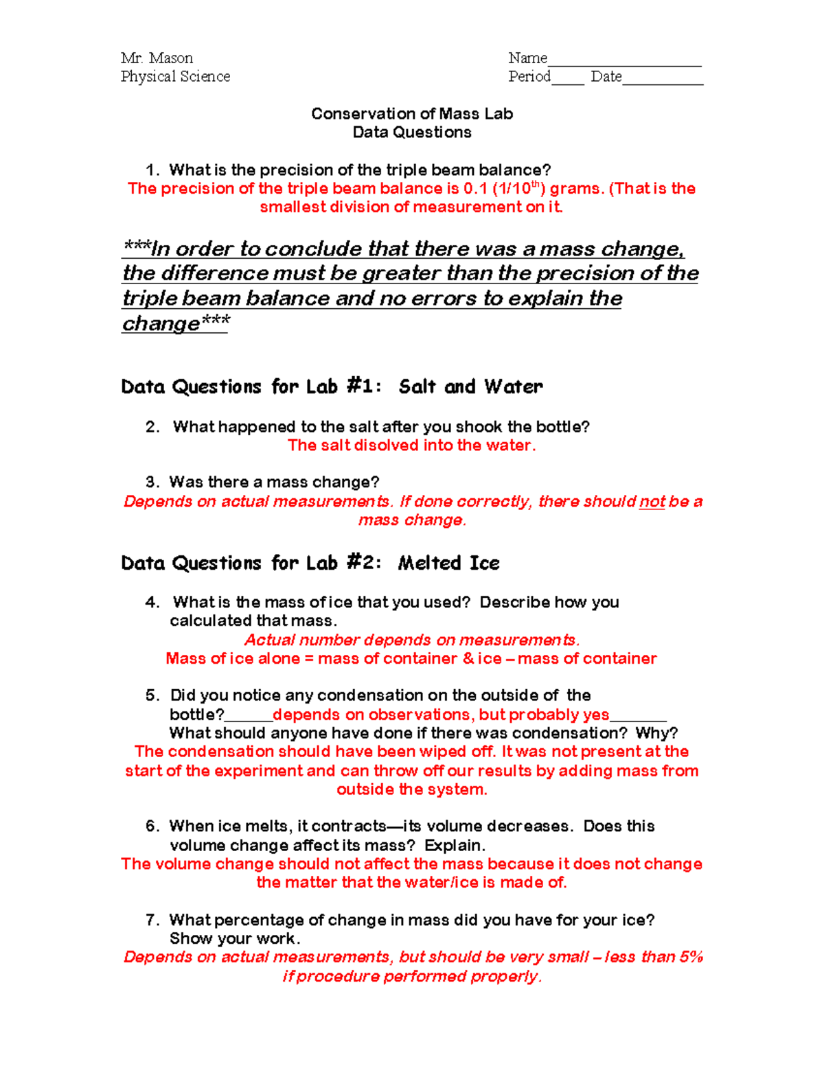 Conservation of mass lab key - Mr. Mason Name ...