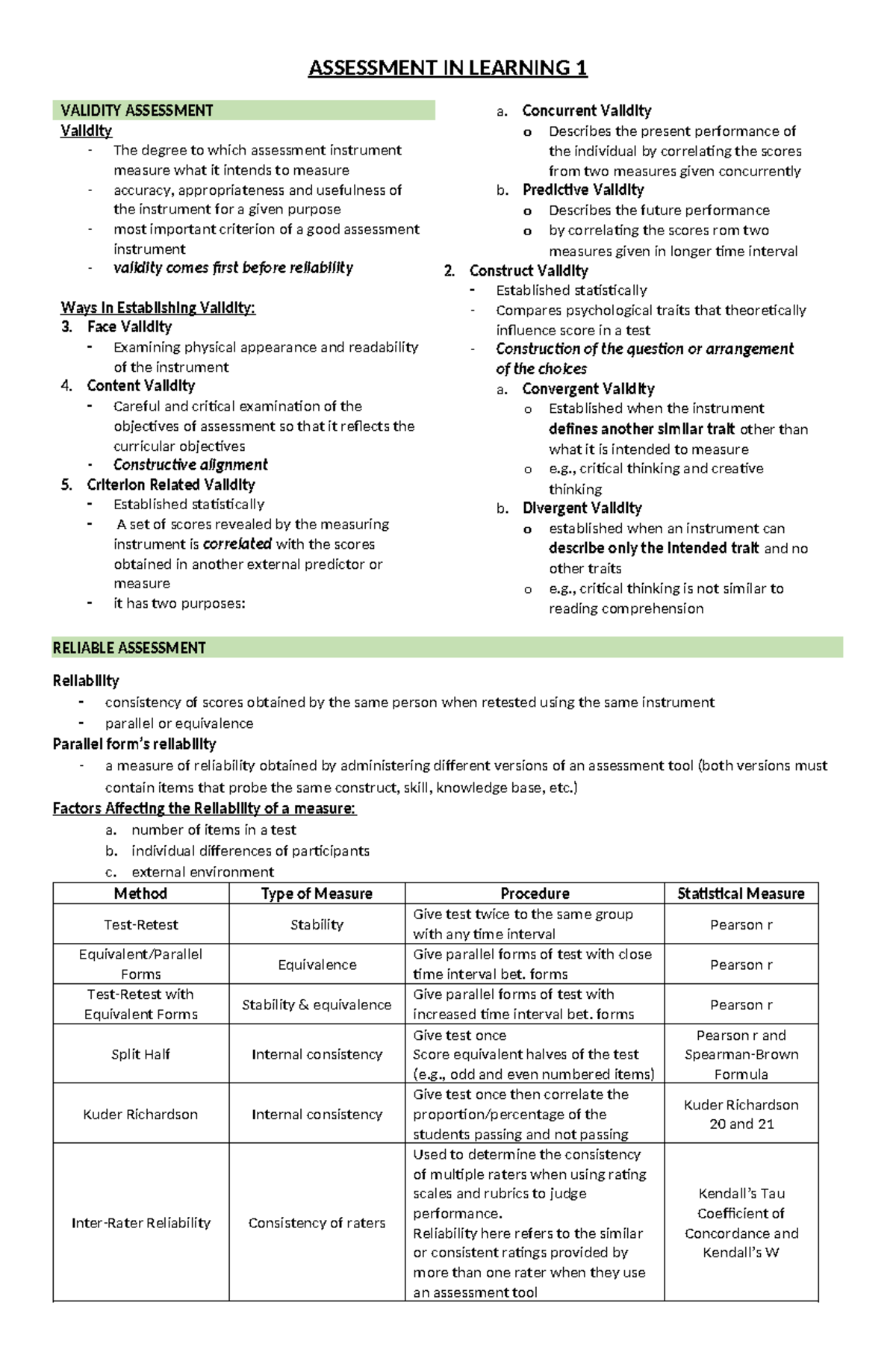 Ed7 reviewer - ASSESSMENT IN LEARNING 1 VALIDITY ASSESSMENT a ...