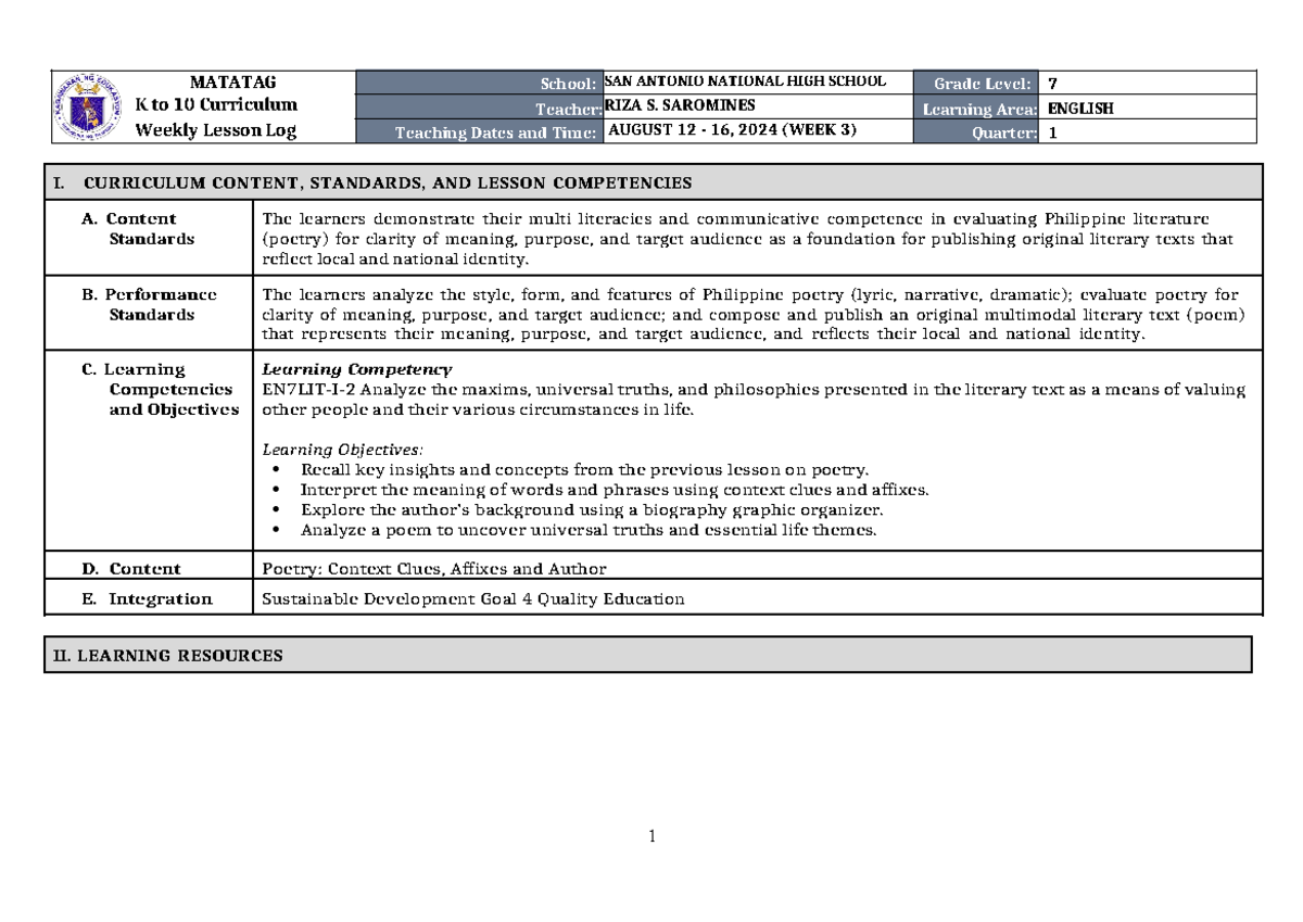 DLL Matatag English 7 Q1 W3 - MATATAG K to 10 Curriculum Weekly Lesson Log School: SAN ANTONIO ...