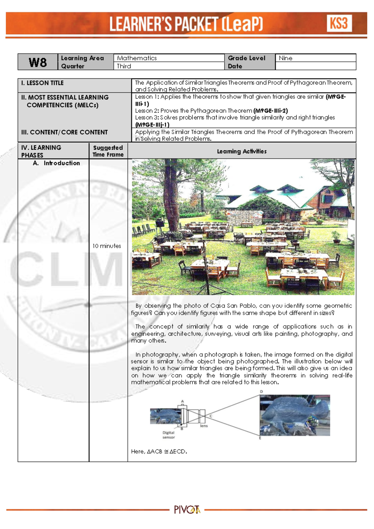 Lea P Math G9 Week 8 Q3 - lesson exemplars math 7 - W 8 Learning Area Mathematics Grade Level ...