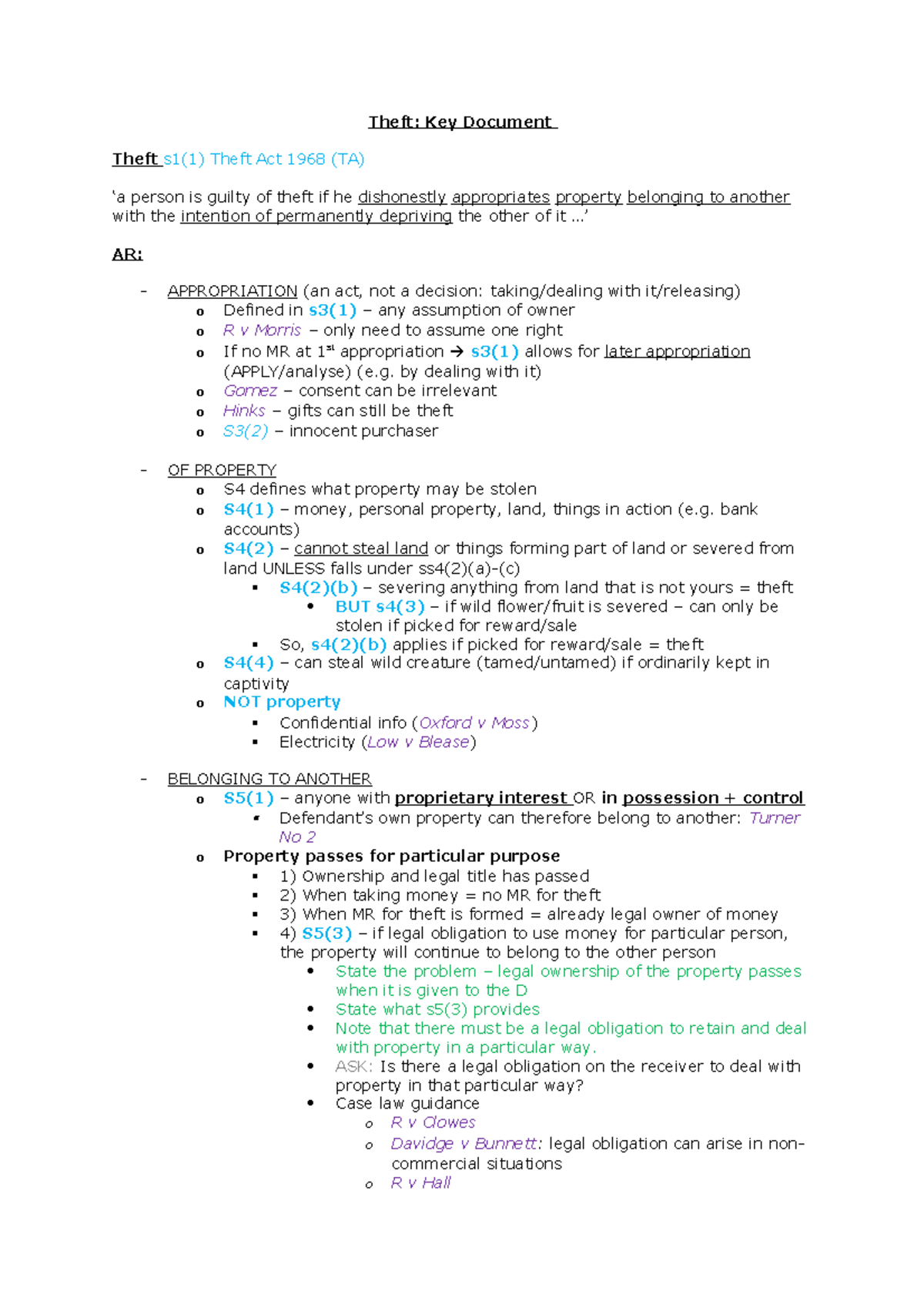 Theft - Key Document - Theft: Key Document Theft s1(1) Theft Act 1968 ...