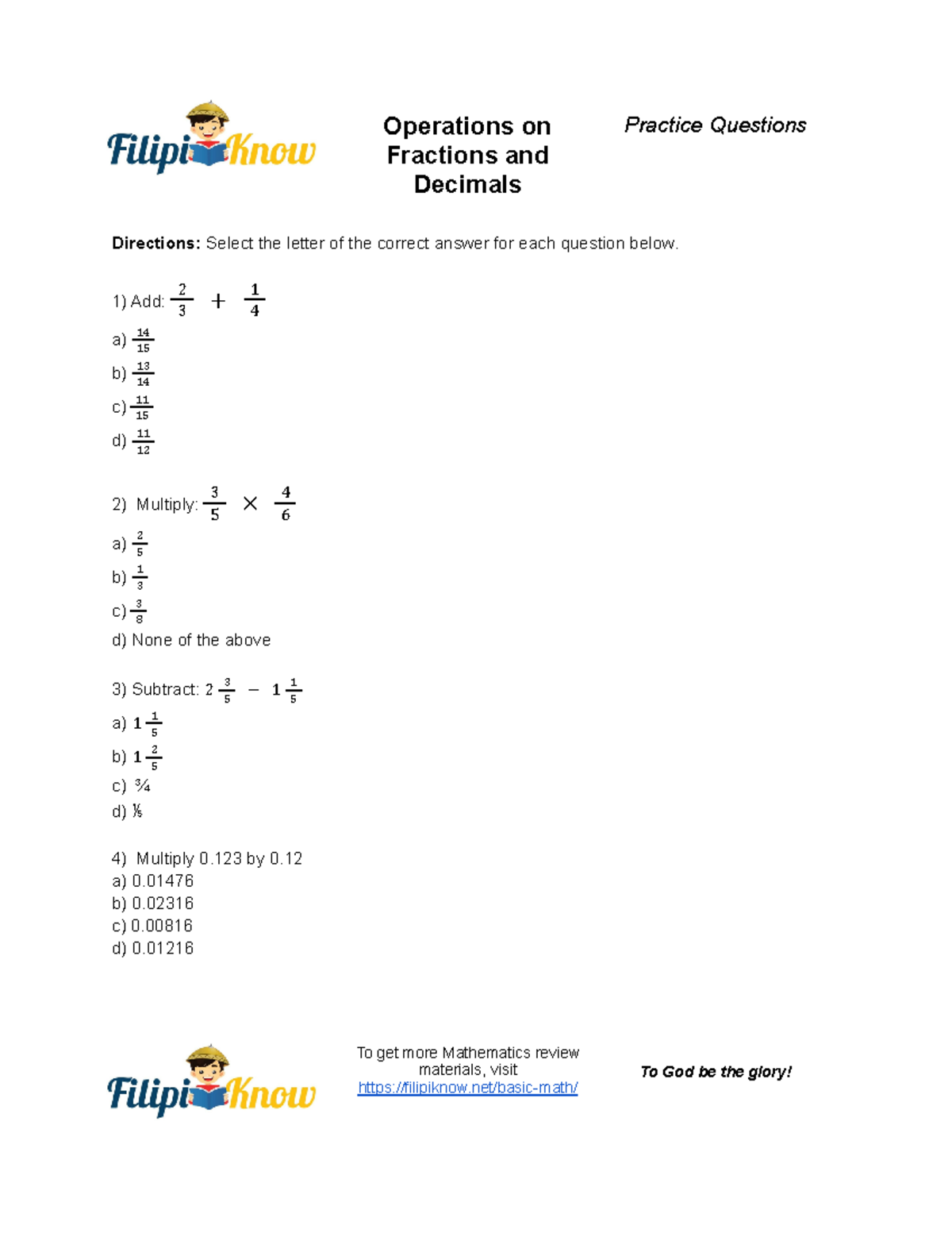 Operations on Fractions and Decimals Practice Questions - Operations on ...