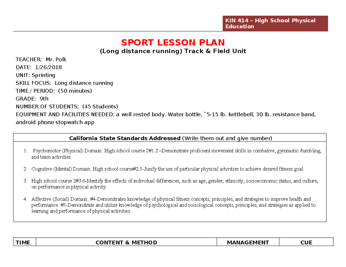 Sprinting lesson - Education SPORT LESSON PLAN (Long distance running ...