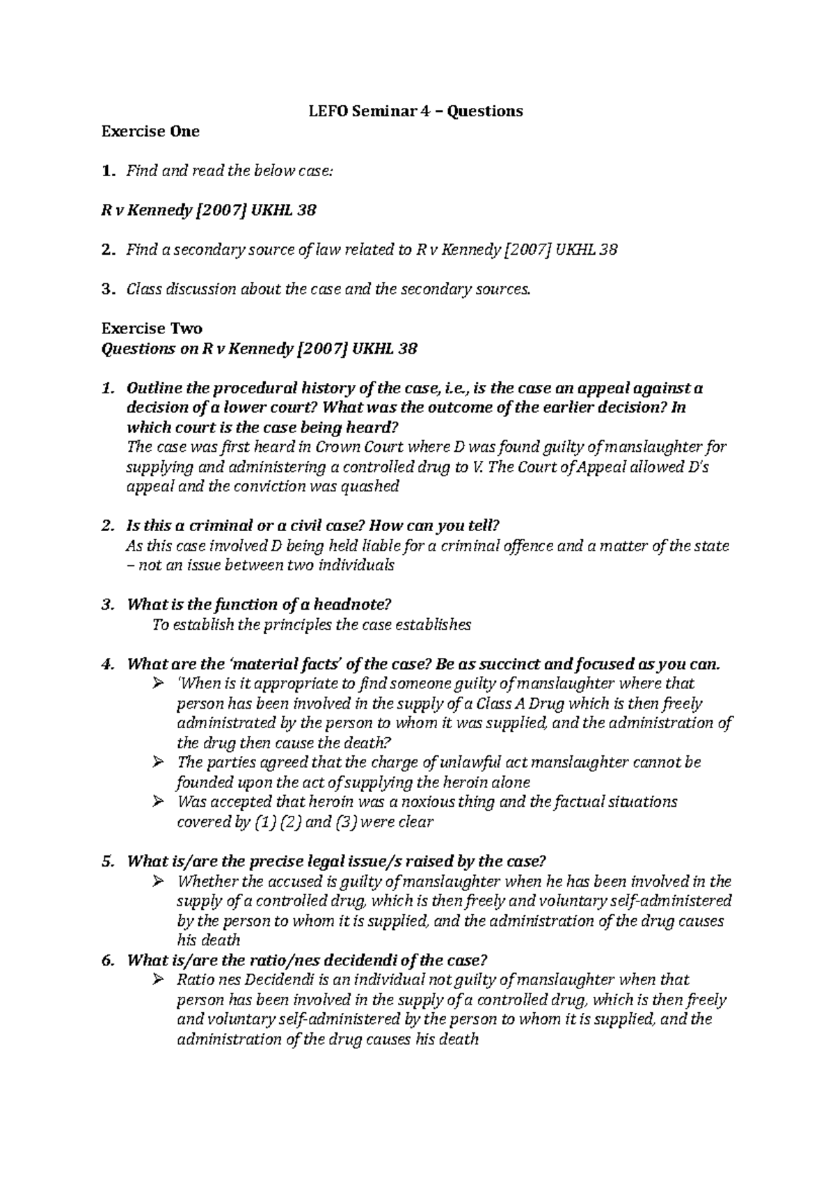 LEFO Seminar 4 - Exercise Two Questions on R v Kennedy [2007] UKHL 38 ...
