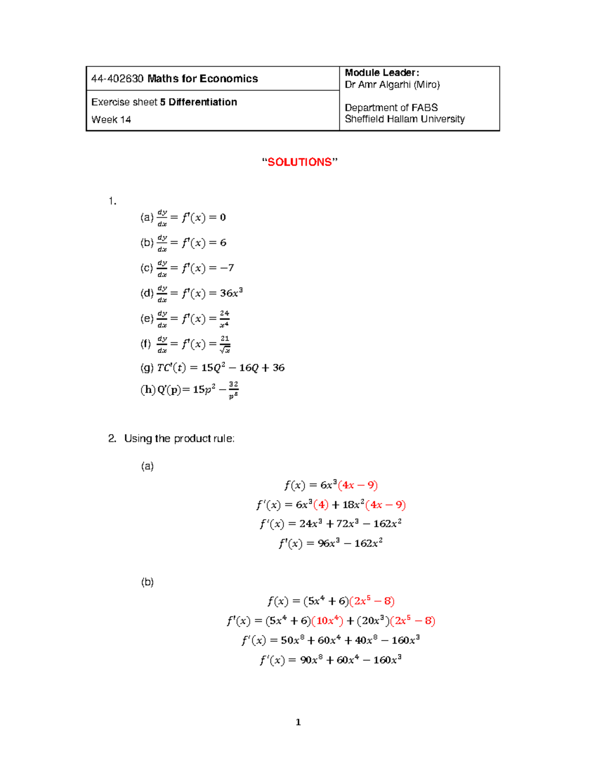 Maths S05 solutions - 44-402630 Maths for Economics Module Leader: Dr ...