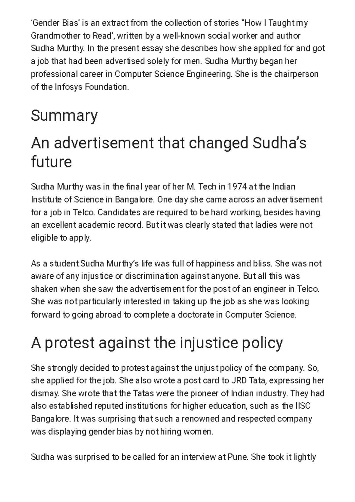 Gender Bias Lesson Summary Notes And Explanation In English Class 11th