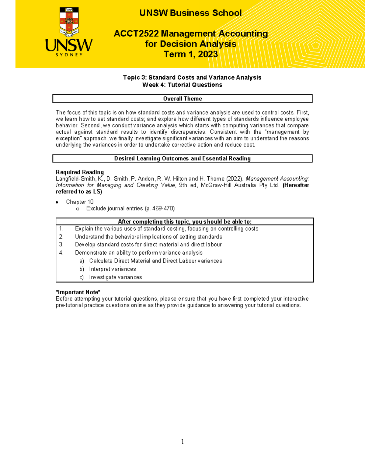 Topic 3 ACCT2522 Tutorial Q - UNSW Business School ACCT2522 Management ...