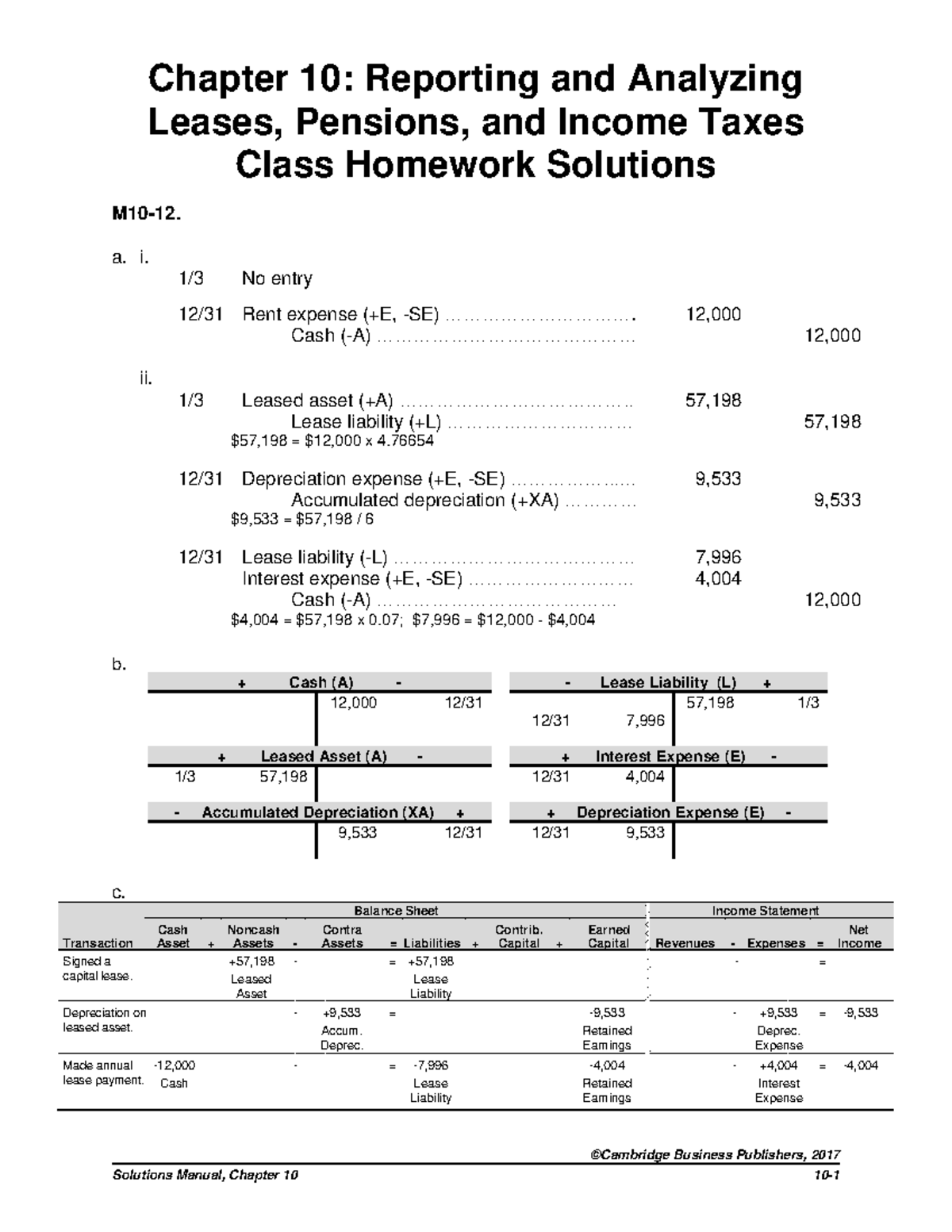 Chapter 10 Class Homework Solutions - Leases, Pensions, and Income ...