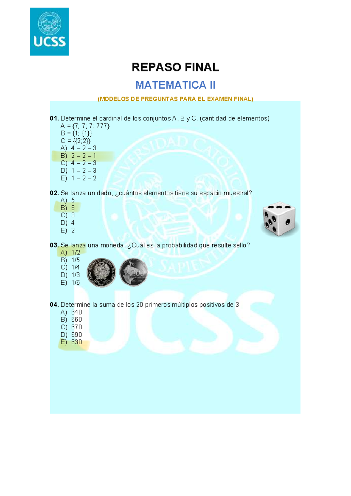 Modelos DE Preguntas ( Repaso) Parte 1 - REPASO FINAL MATEMATICA II (MODELOS DE PREGUNTAS PARA ...