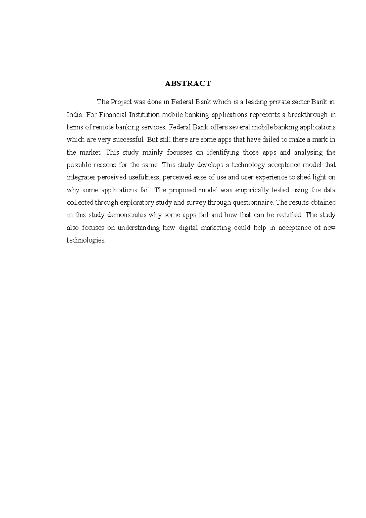 Research study- banking - ABSTRACT The Project was done in Federal Bank ...