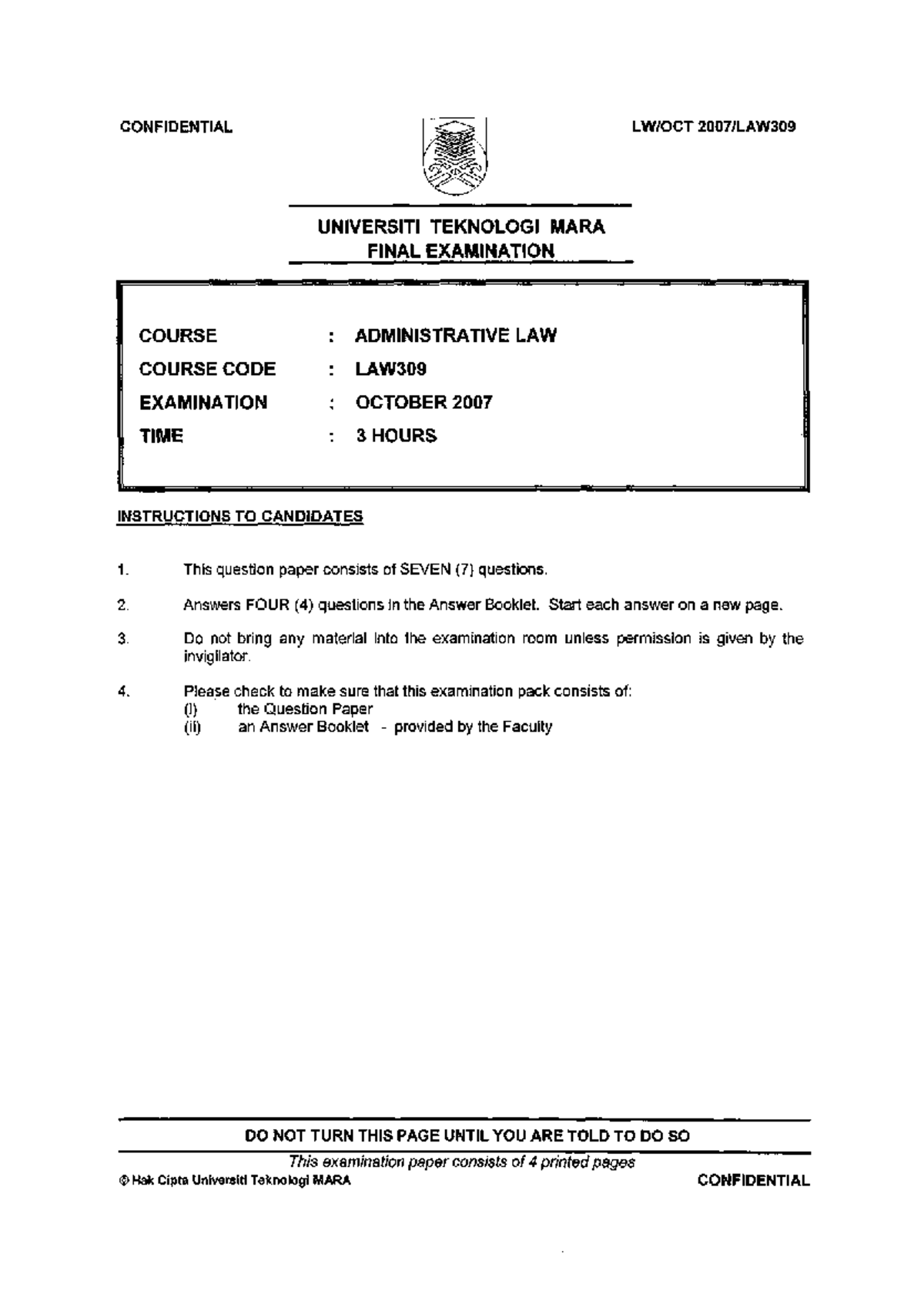 LAW 309 Exam Oct 2007 - TUTORIAL WORK - UNIVERSITI TEKNOLOGI MARA FINAL ...