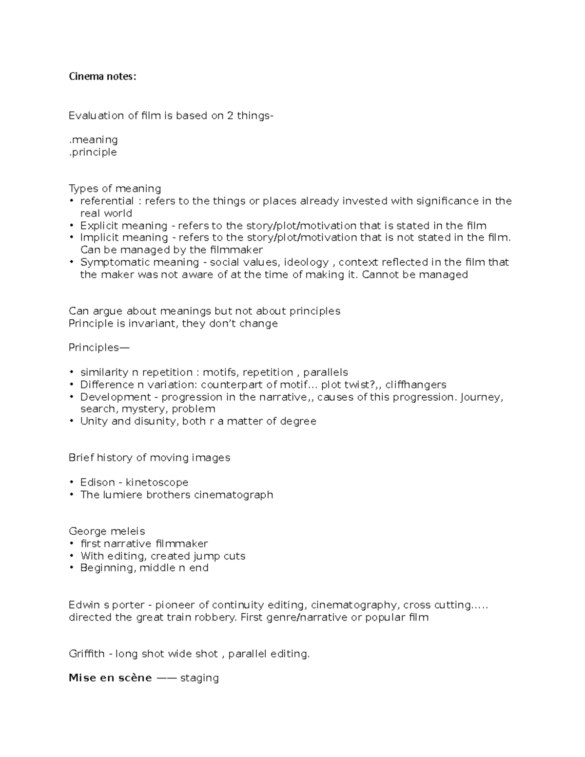 Cinema notes 1 - Prof J. Synenko - Cinema notes: Evaluation of film is ...