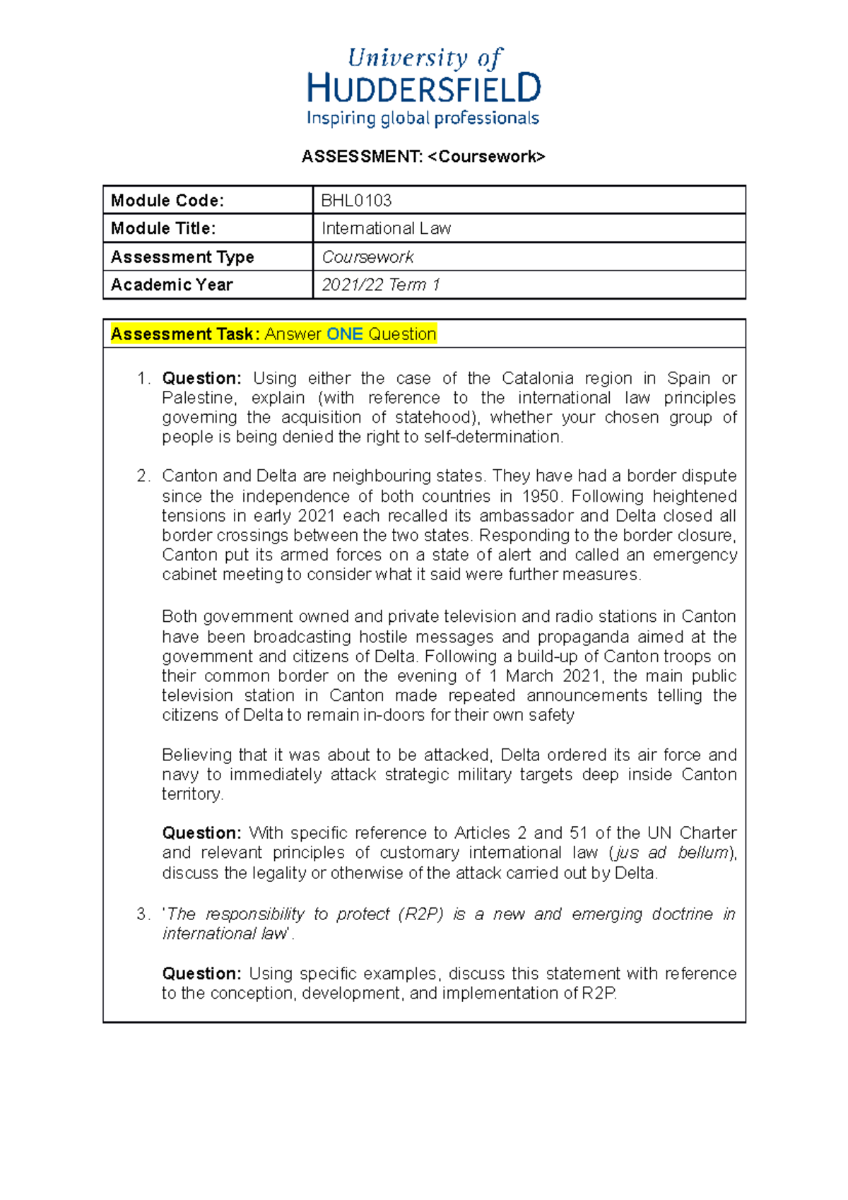 BHL0103 - International Law Assessment Brief -21.22 - ASSESSMENT ...