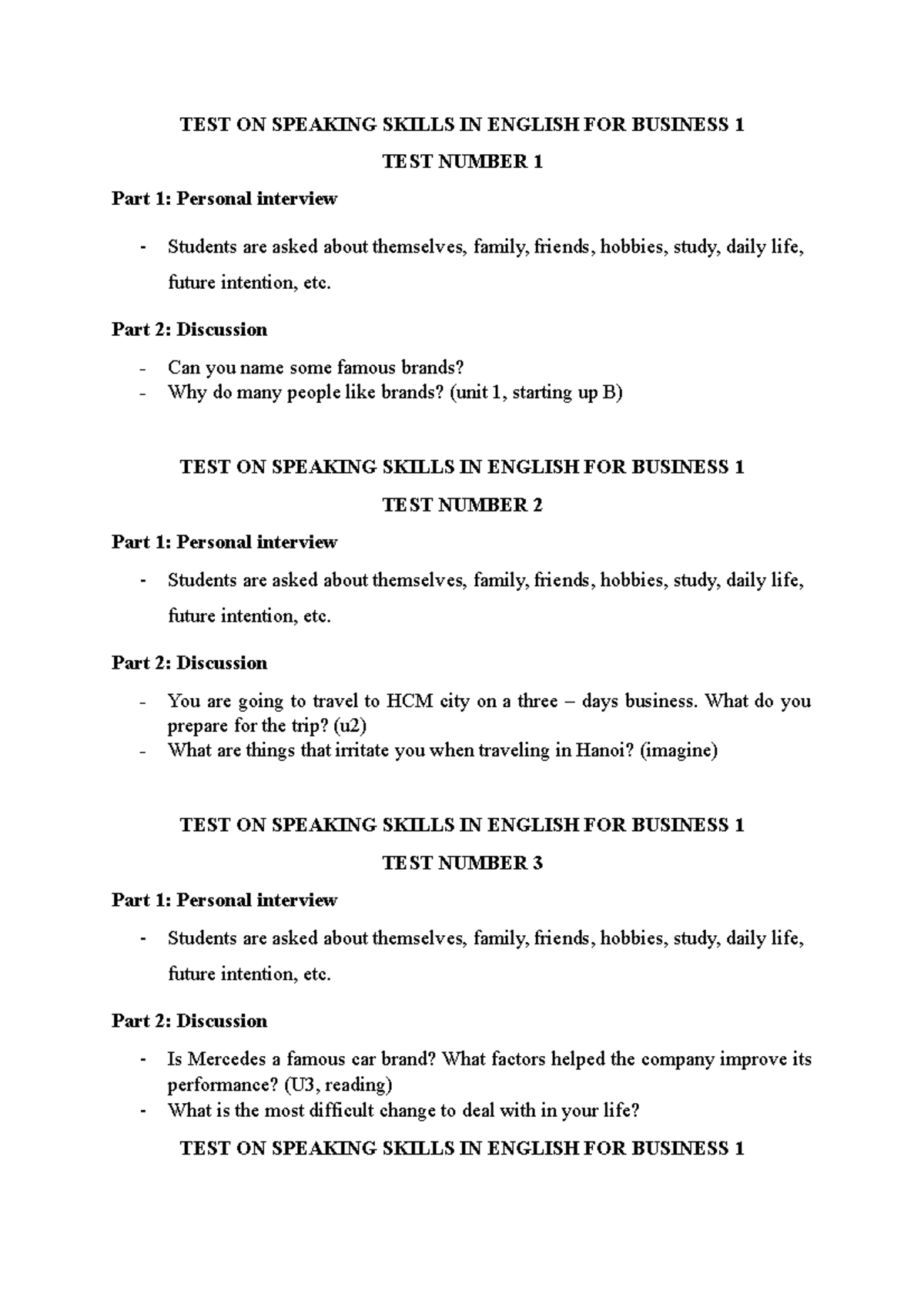 Speaking QT1 Teacher - TEST ON SPEAKING SKILLS IN ENGLISH FOR BUSINESS ...