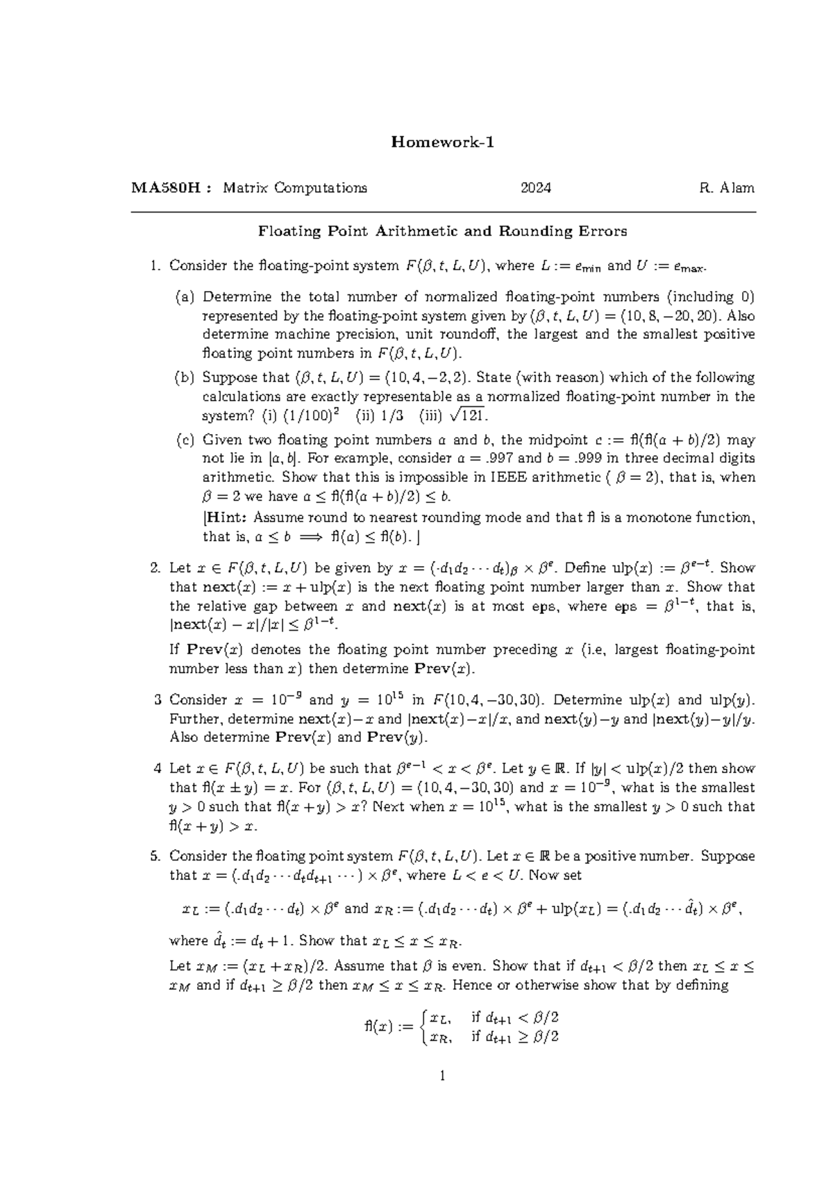 HW-2024-1 - Assignment-1 - Homework- MA580H : Matrix Computations 2024 ...