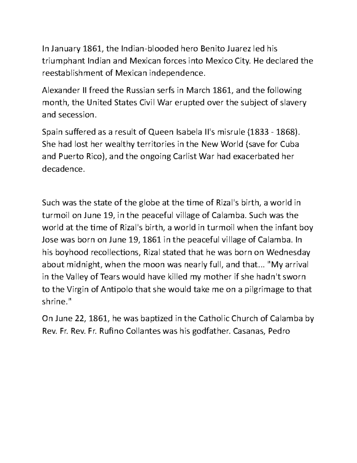 Rizal 1234 - In January 1861, the Indian-blooded hero Benito Juarez led ...
