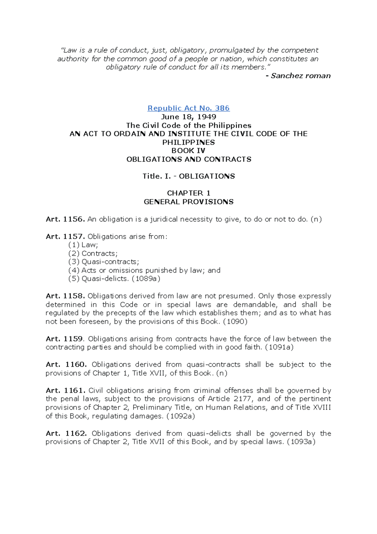 Oblicon Codal - notes - “Law is a rule of conduct, just, obligatory ...