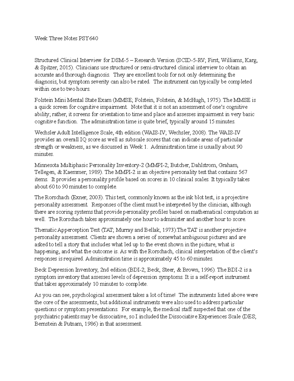 Week three notes - Week Three Notes PSY Structured Clinical Interview ...