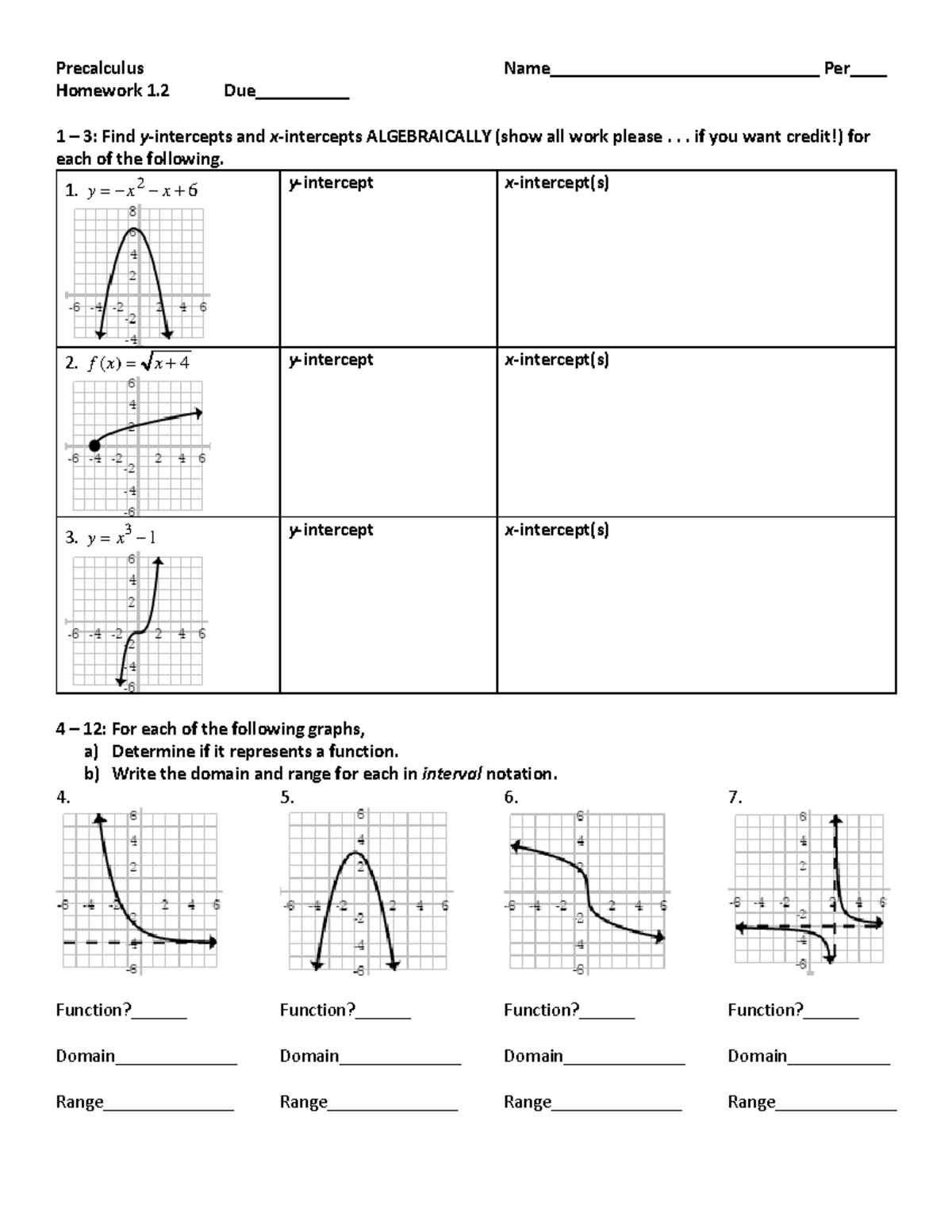 Hw 1.2 analyzing graphs - Precalculus Name ...