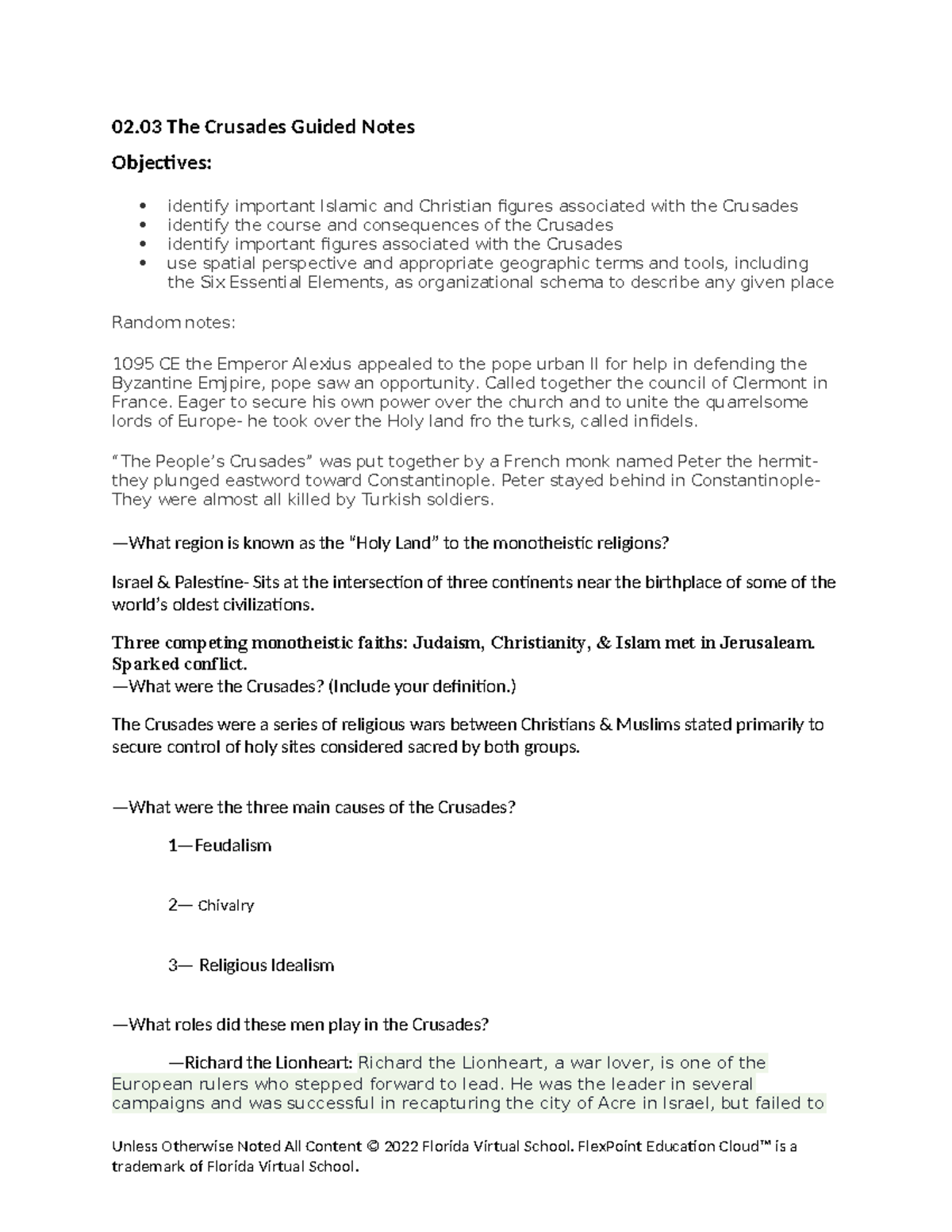 2.3 notes - 02 The Crusades Guided Notes Objectives: identify important ...