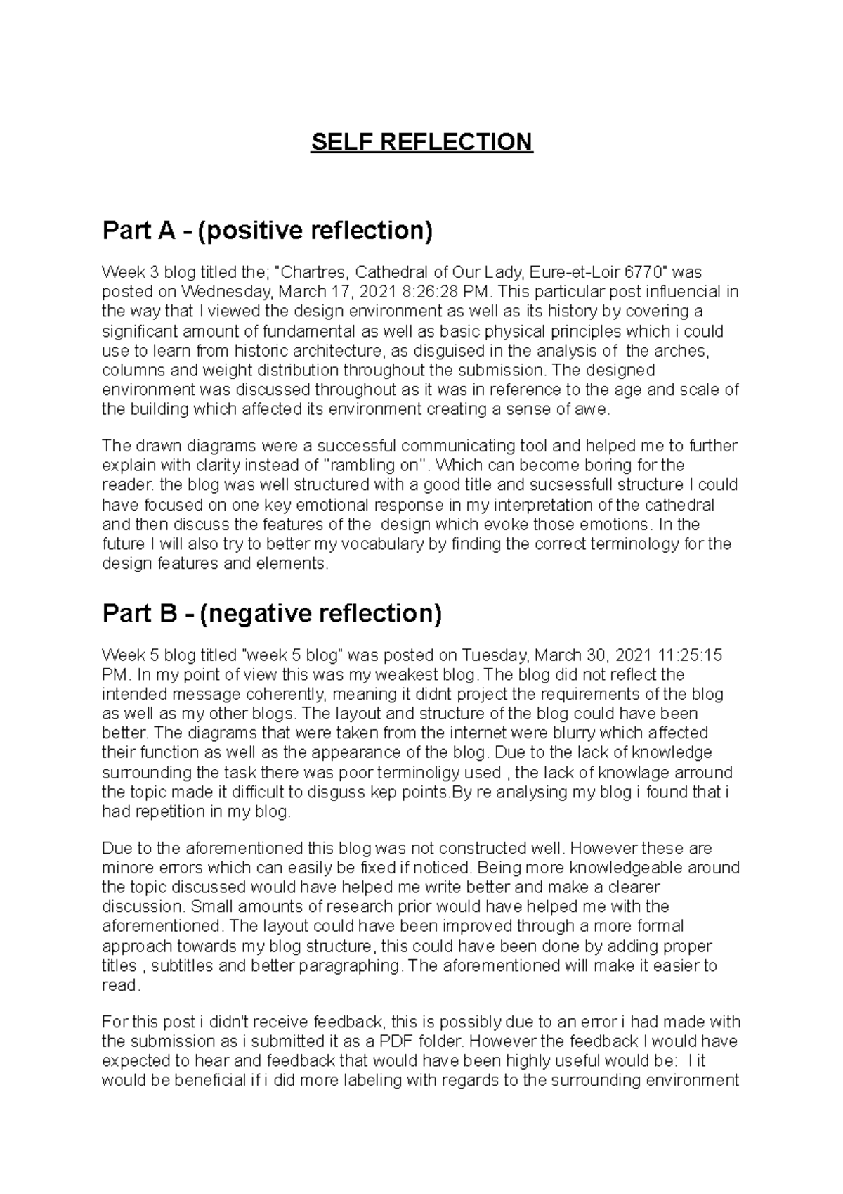 Week 6 - blog - Week 6 - blog - SELF REFLECTION Part A - (positive ...