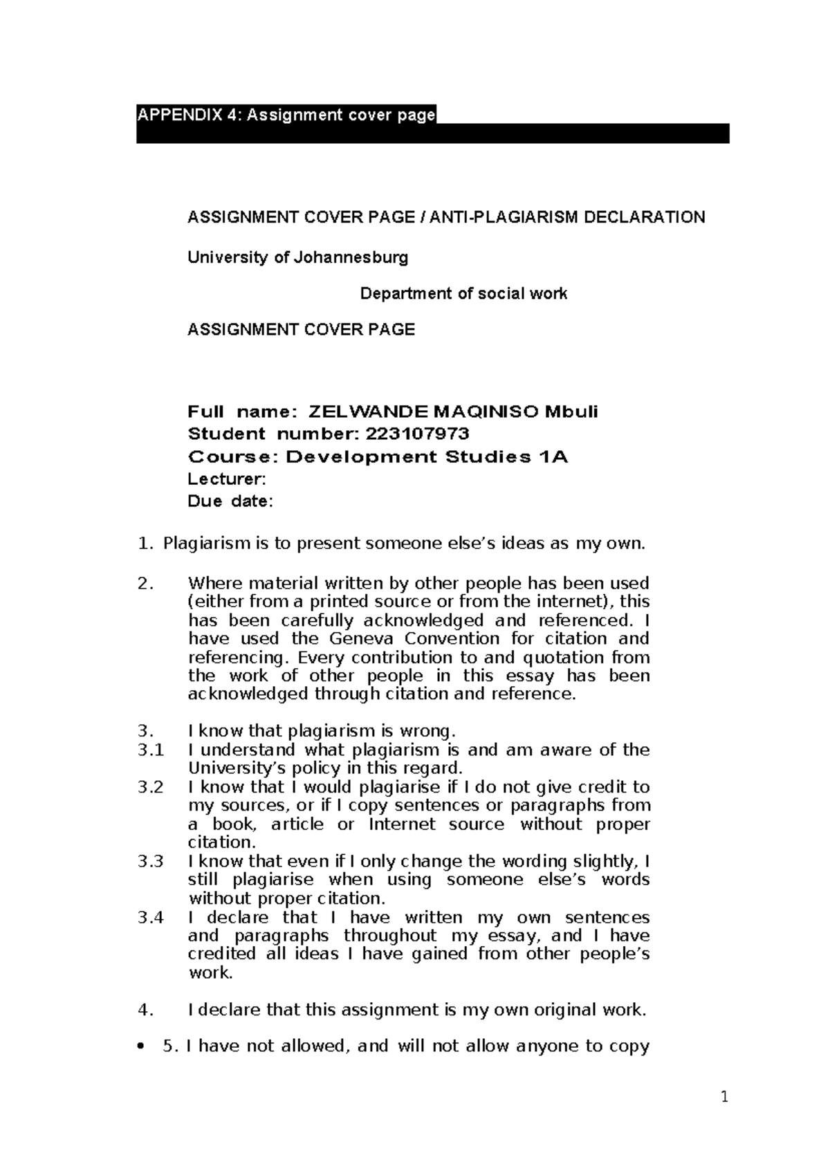 CDL Cover PAGE Unconcluded - APPENDIX 4: Assignment cover page ...