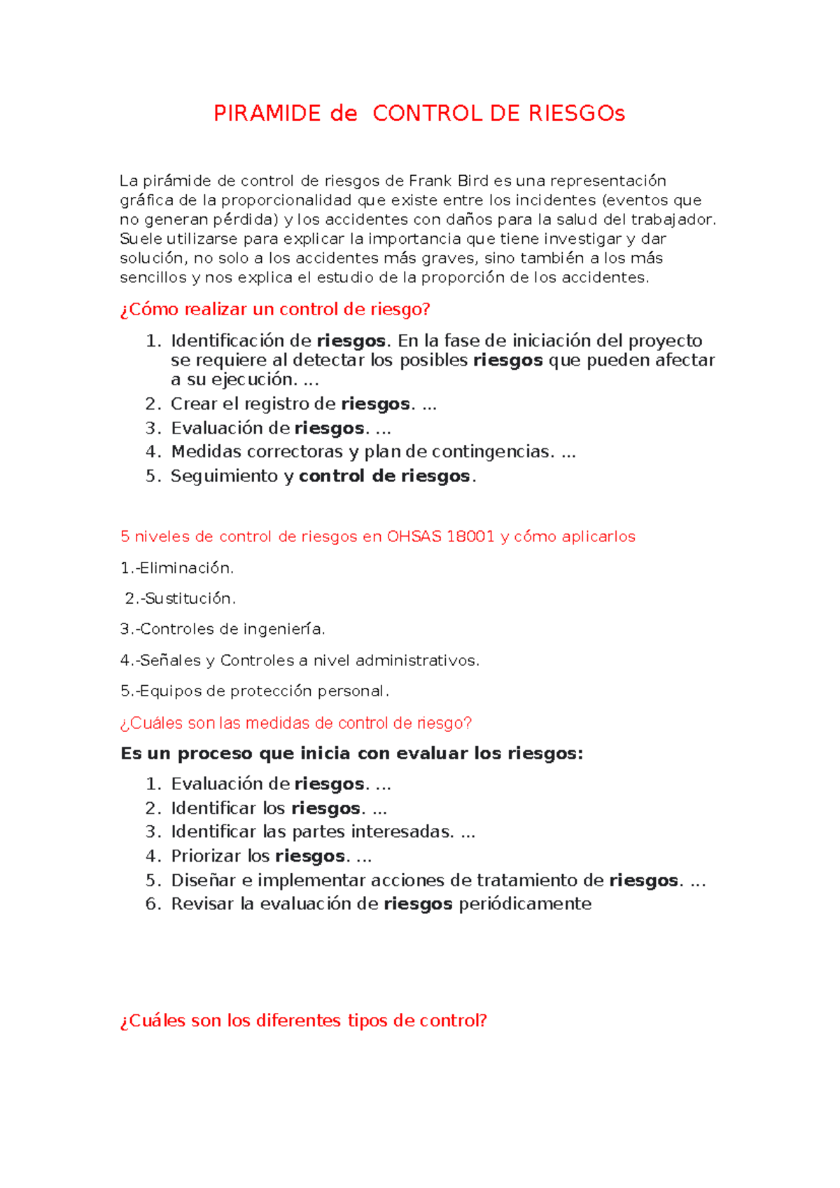 Piramide de Control DE Riesgos - PIRAMIDE de CONTROL DE RIESGOs La ...