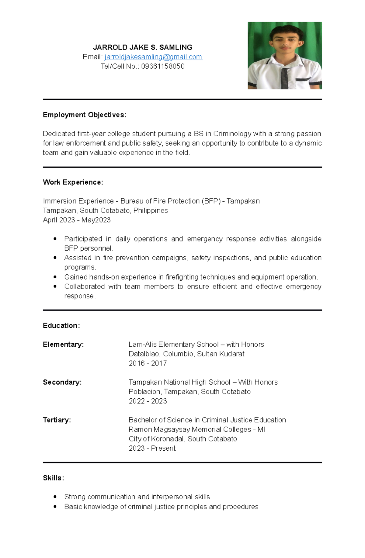 Jarrold final resume - JARROLD JAKE S. SAMLING Email ...