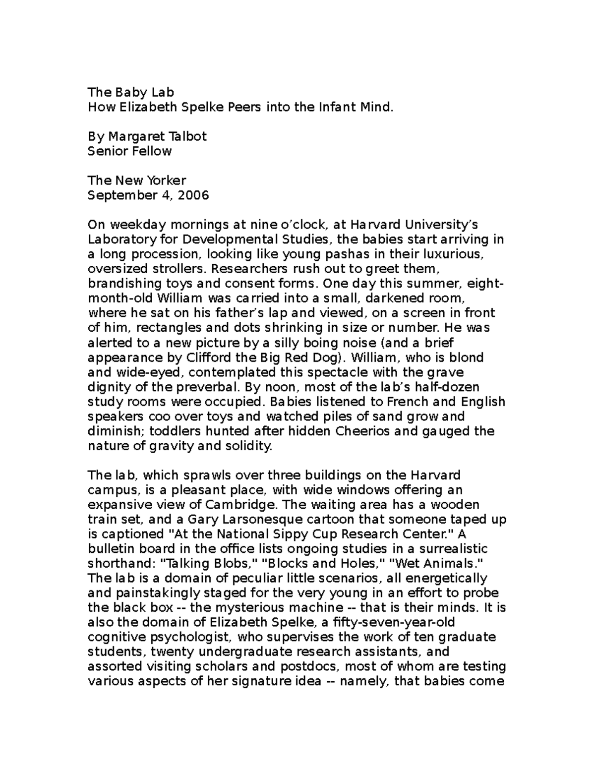 The Baby Lab - The Baby Lab How Elizabeth Spelke Peers into the Infant ...