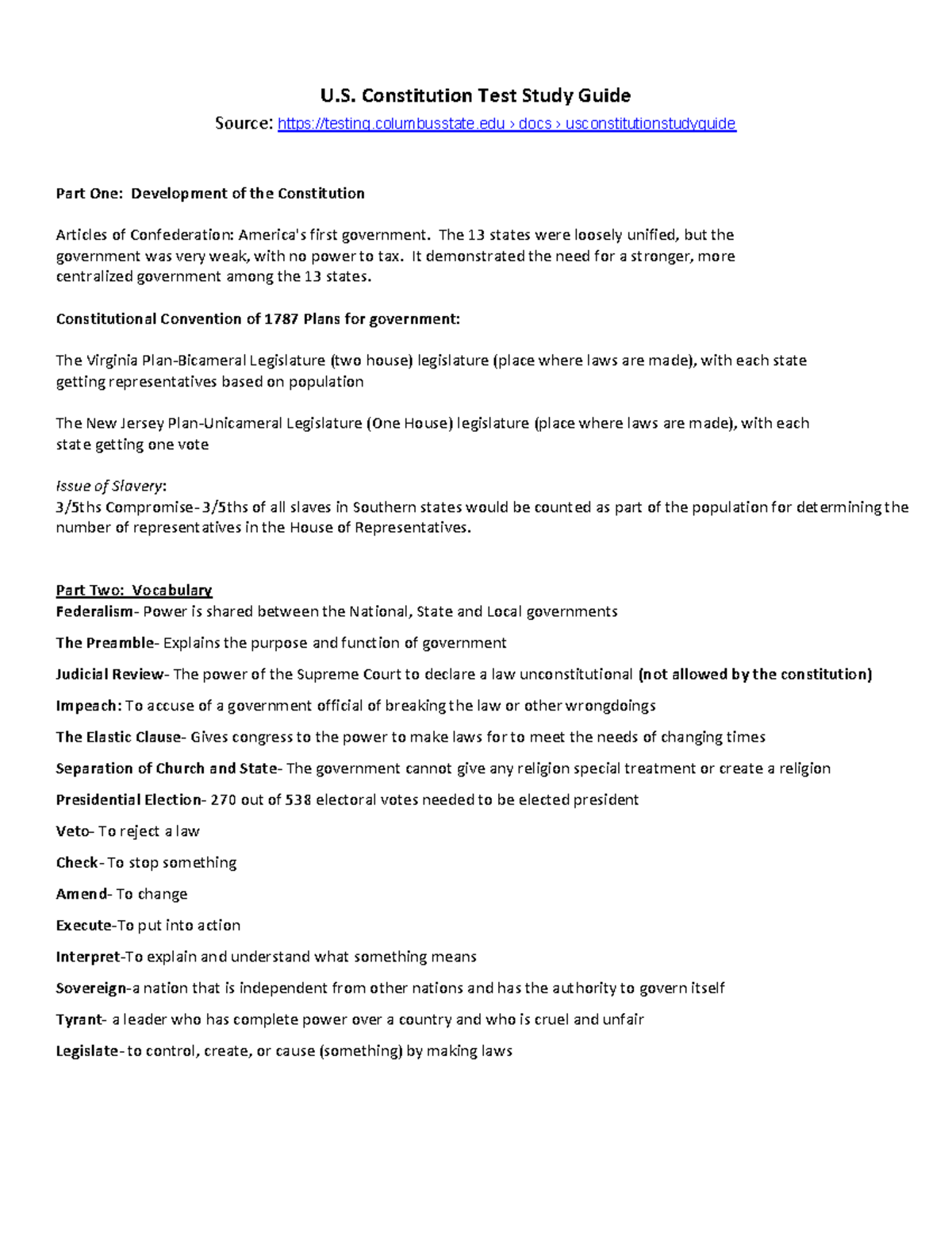 Usconstitutionstudyguide - U. Constitution Test Study Guide Source ...