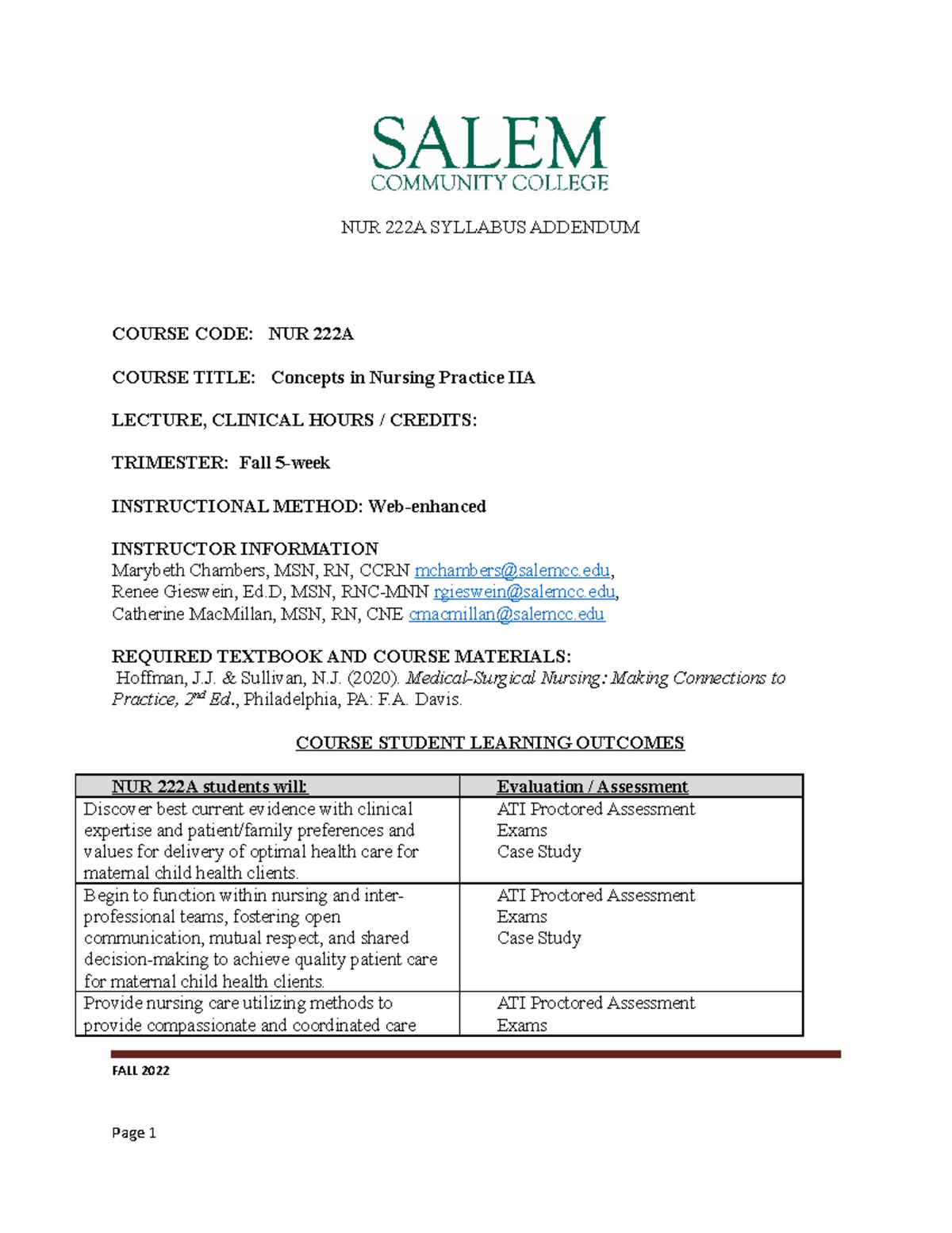 NUR 222A Syllabus Addendum 2022 - Revised 11-5-2022 - NUR 222A SYLLABUS ...