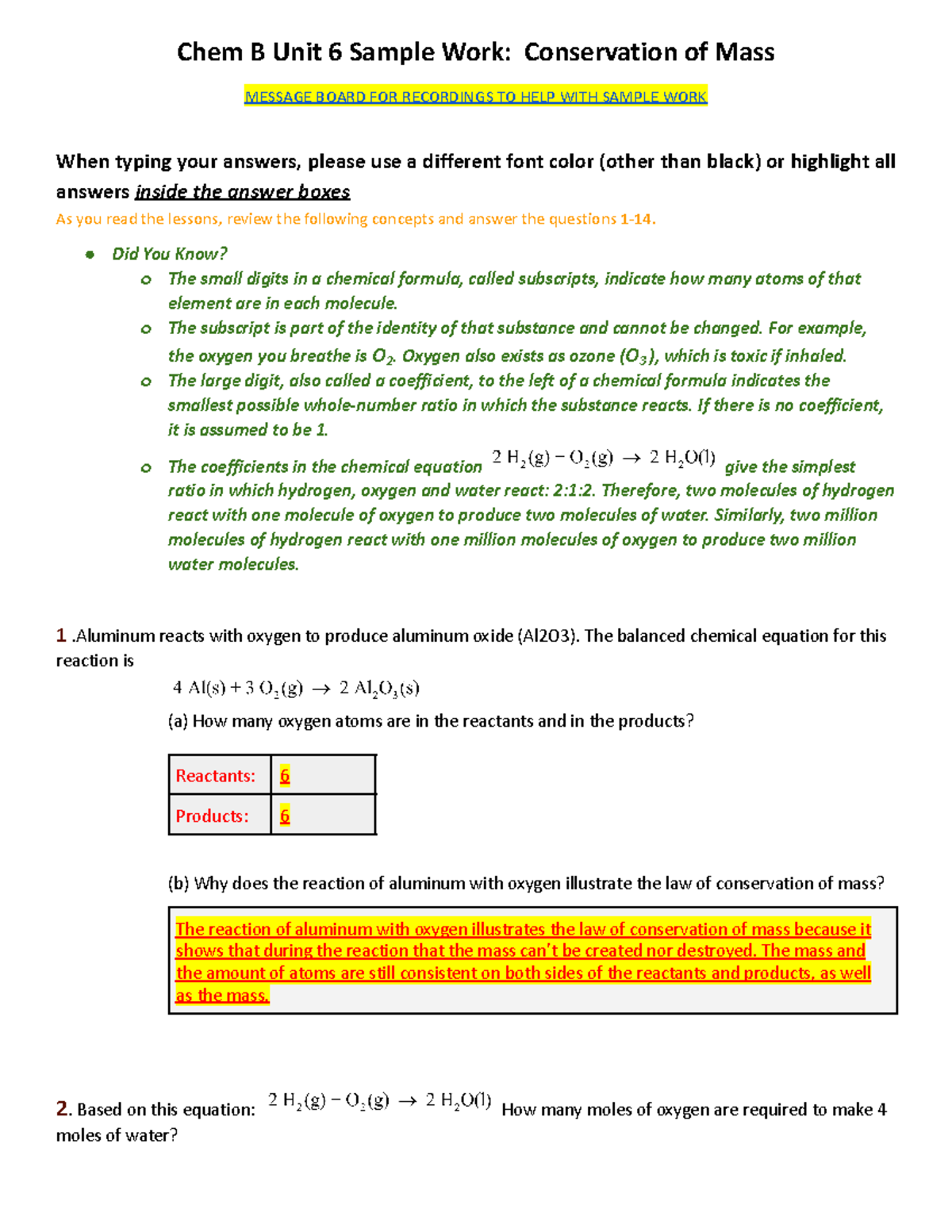Chem B Unit 6 Sample Work: Conservation of Mass - Studocu
