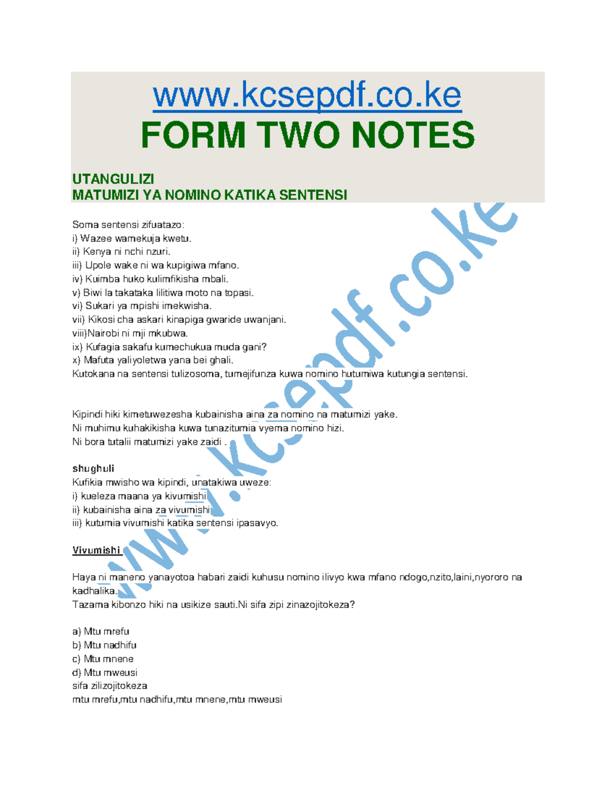 KCSE Kiswahili FORM 2 Notes Mama ngina University Best summaries notes ...