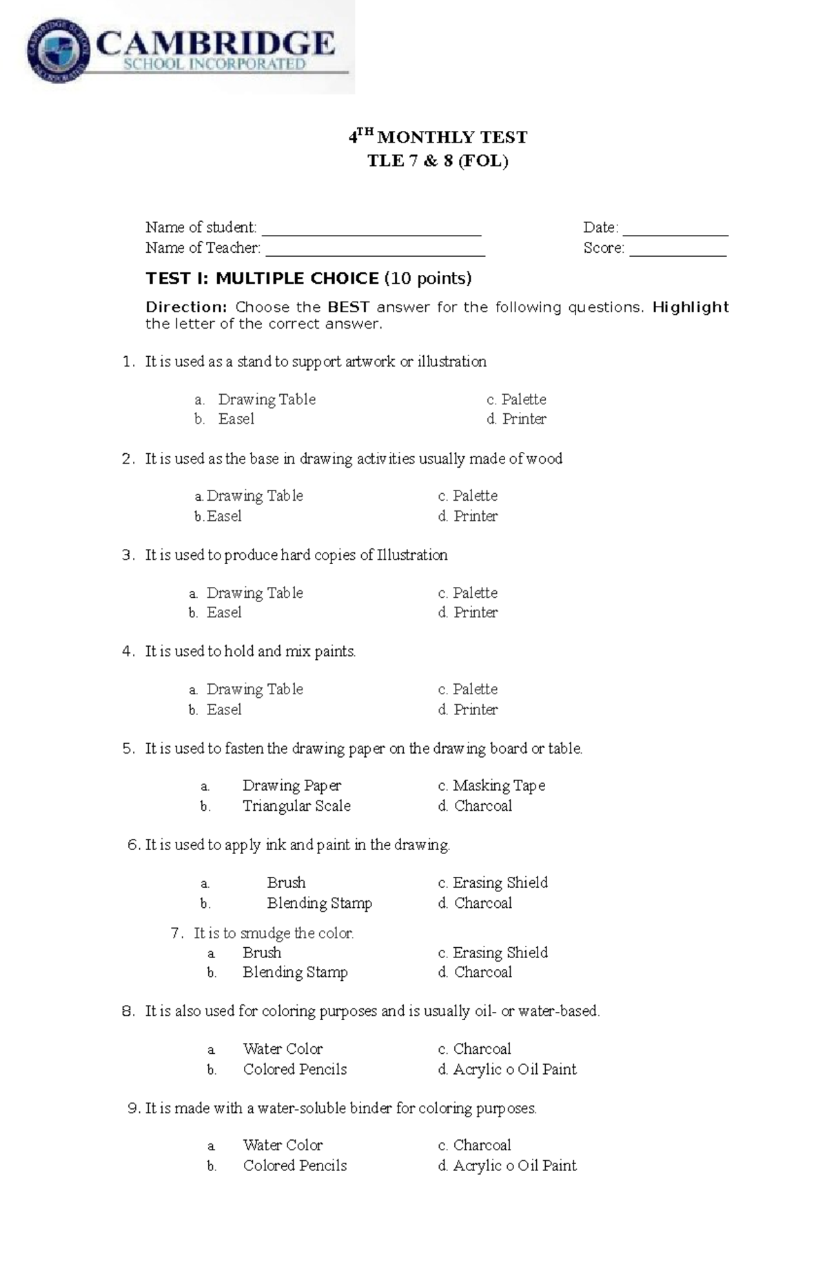 4TH Monthly TEST TLE 9&10 - 4 TH MONTHLY TEST TLE 7 & 8 (FOL) Name of ...