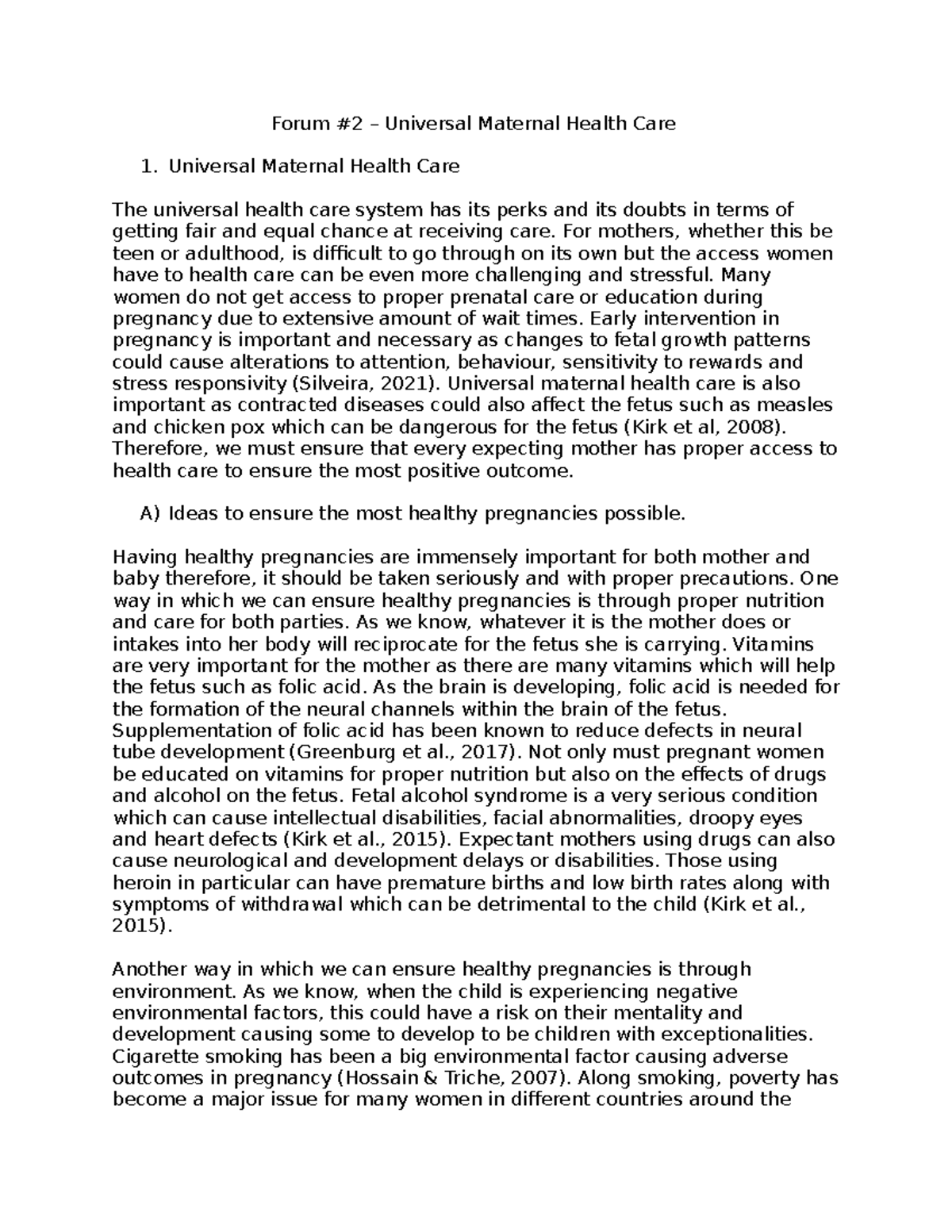 Forum Post - Health Care - Forum #2 – Universal Maternal Health Care ...