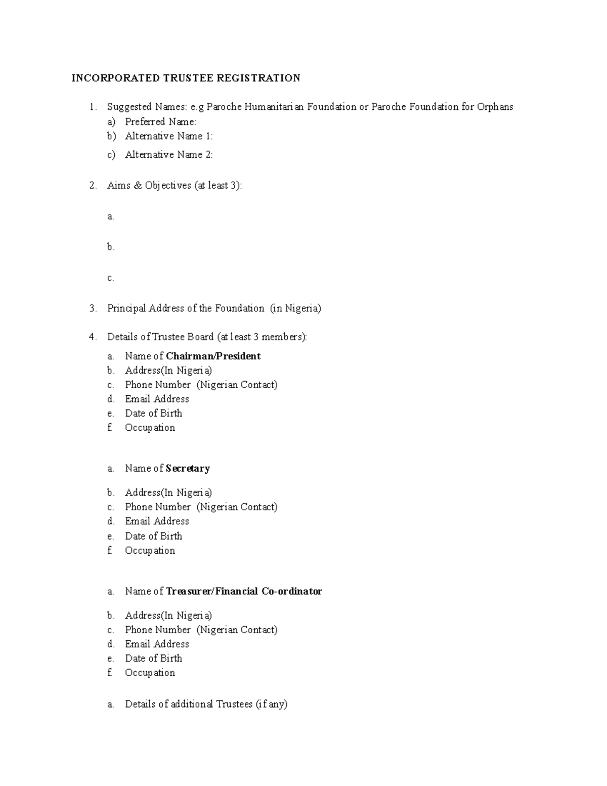 Incorporated Trustee Registration - INCORPORATED TRUSTEE REGISTRATION ...
