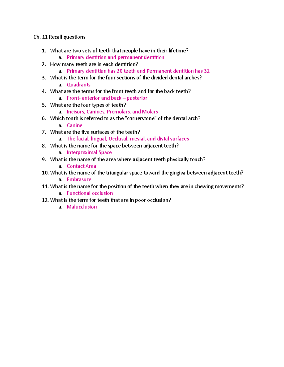 Ch.11 Recall Questions - Ch. 11 Recall questions What are two sets of ...